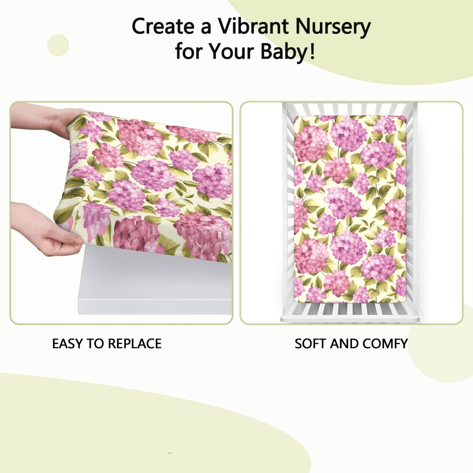 Shabby Flora Themed Fitted Mini Crib Sheets,Portable Mini Crib Sheets Soft and Breathable Bed Sheets-Great for Boy or Girl Room or Nursery,24β x38β,Pale Green Baby Pink Cream Lilac