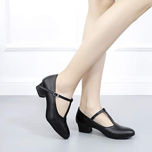 HROYL Women Ballroom Dance Shoes Closed Toe Latin Salsa T-Strap Modern Tango Walts Character Shoes Suede Sole YCL041-4 Black, 9.5 B(M) US
