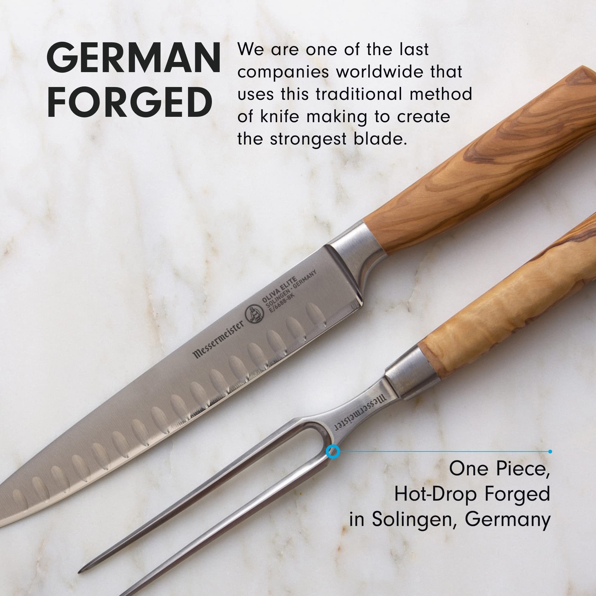 Messermeister Oliva Elite Kullenschliff Carving Knife Set - Includes 8โ Kullenschliff Carving Knife & 6โ Straight Carving Fork - German Steel Alloy Blade & Mediterranean Wood Handle