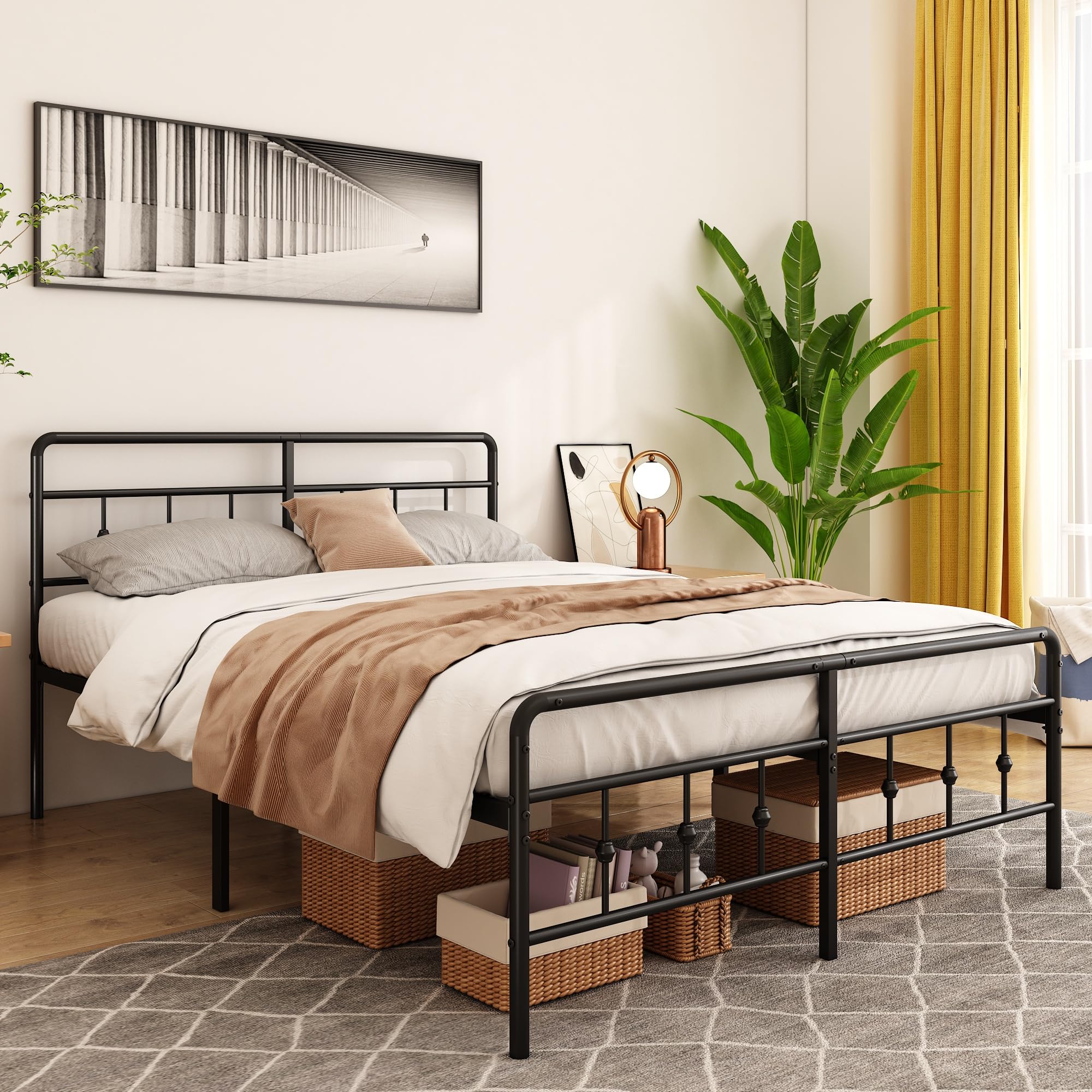 HOBINCHE Queen Size Metal Bed Frame with Headboard and Footboard, 14 Inch Black Heavy Duty Mattress Foundation with Steel Slat Support, No Box Spring Needed, Noise Free