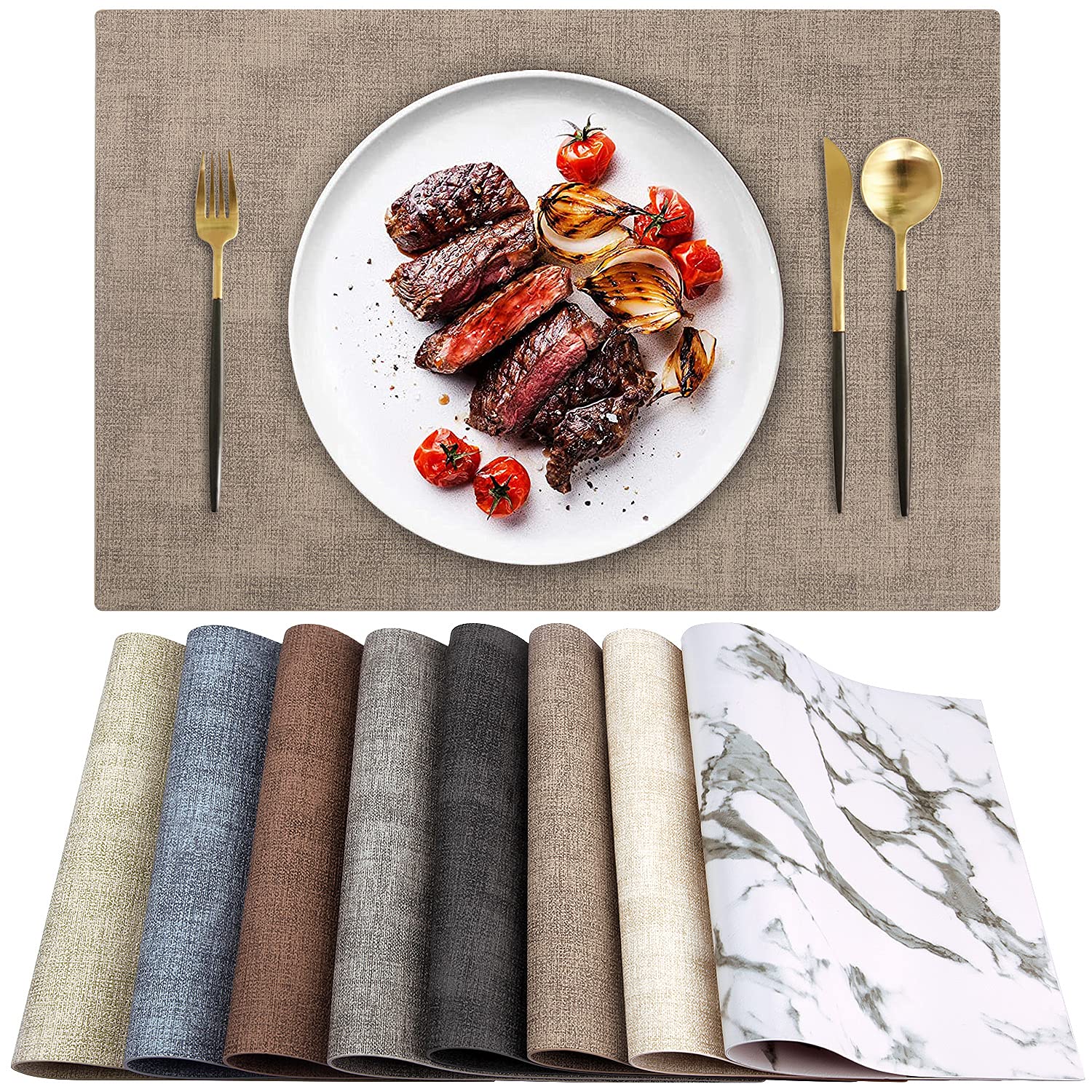 LANDVIEW Leather Heat Resistant Placemats Set of 6 Waterproof Wipeable Washable PU Table Mats,Easy to Clean Anti-Slip Place Mats (Light Brown, 6)