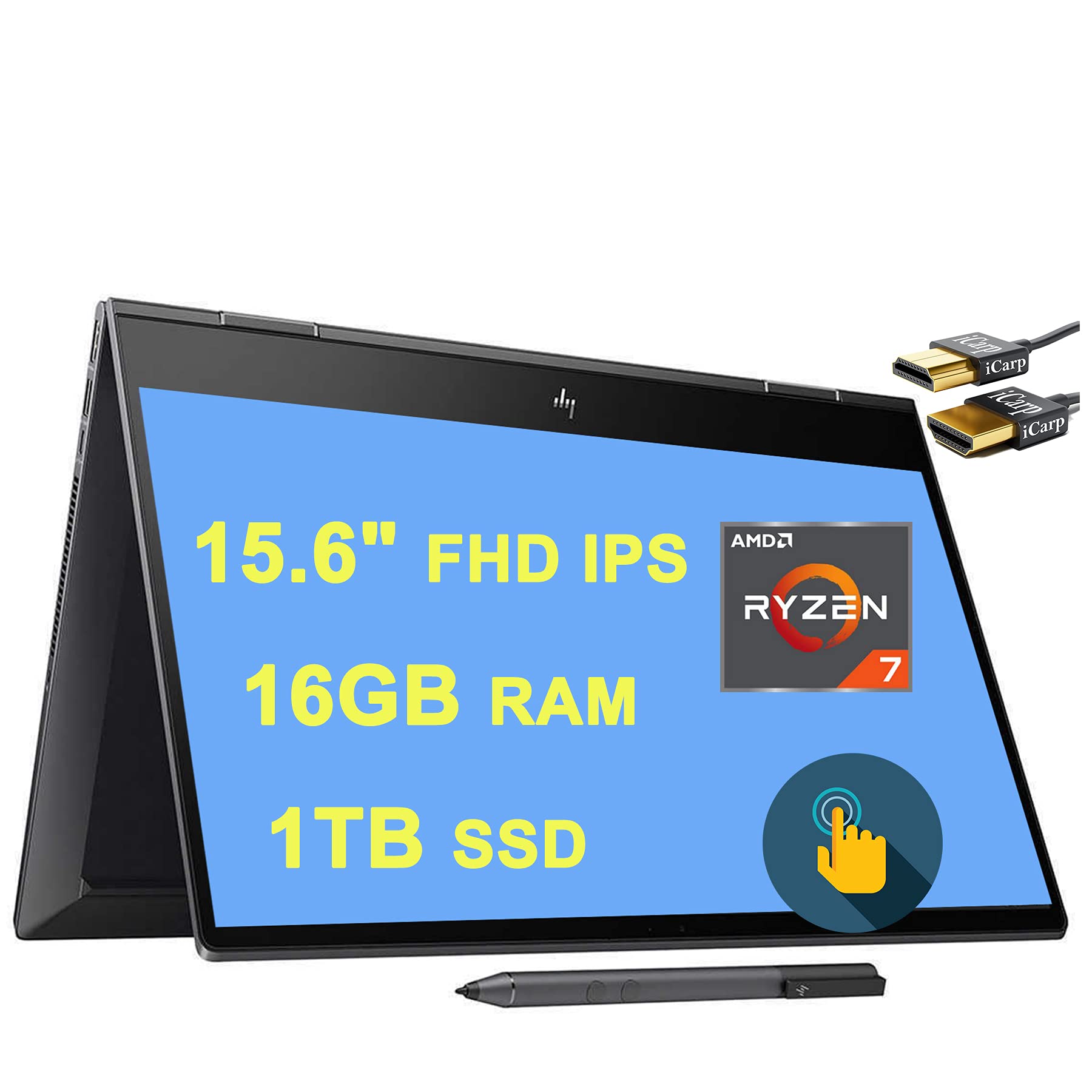 HP Envy X360 15 2 in 1 Laptop 15.6" FHD IPS Touchscreen AMD Octa-Core Ryzen 7 4700U (Beats i7-10510U) 16GB RAM 1TB SSD Backlit Fingerprint USB-C B&O Pen Win10 + HDMI Cable