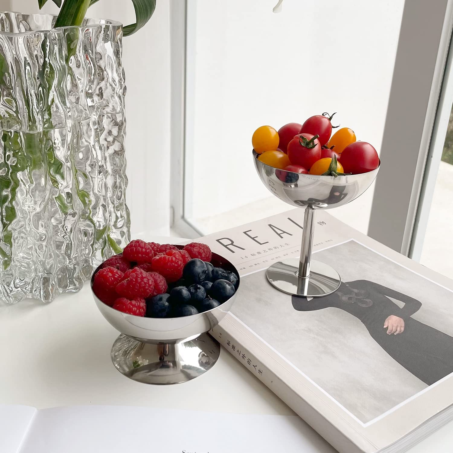 LIZEALUCKY Stainless Steel Ice Cream Goblet Cups Serving Dessert Dish Bowls for Salad Fruit Cereal Pudding for Home Hotel Restaurants Parties(Tall)