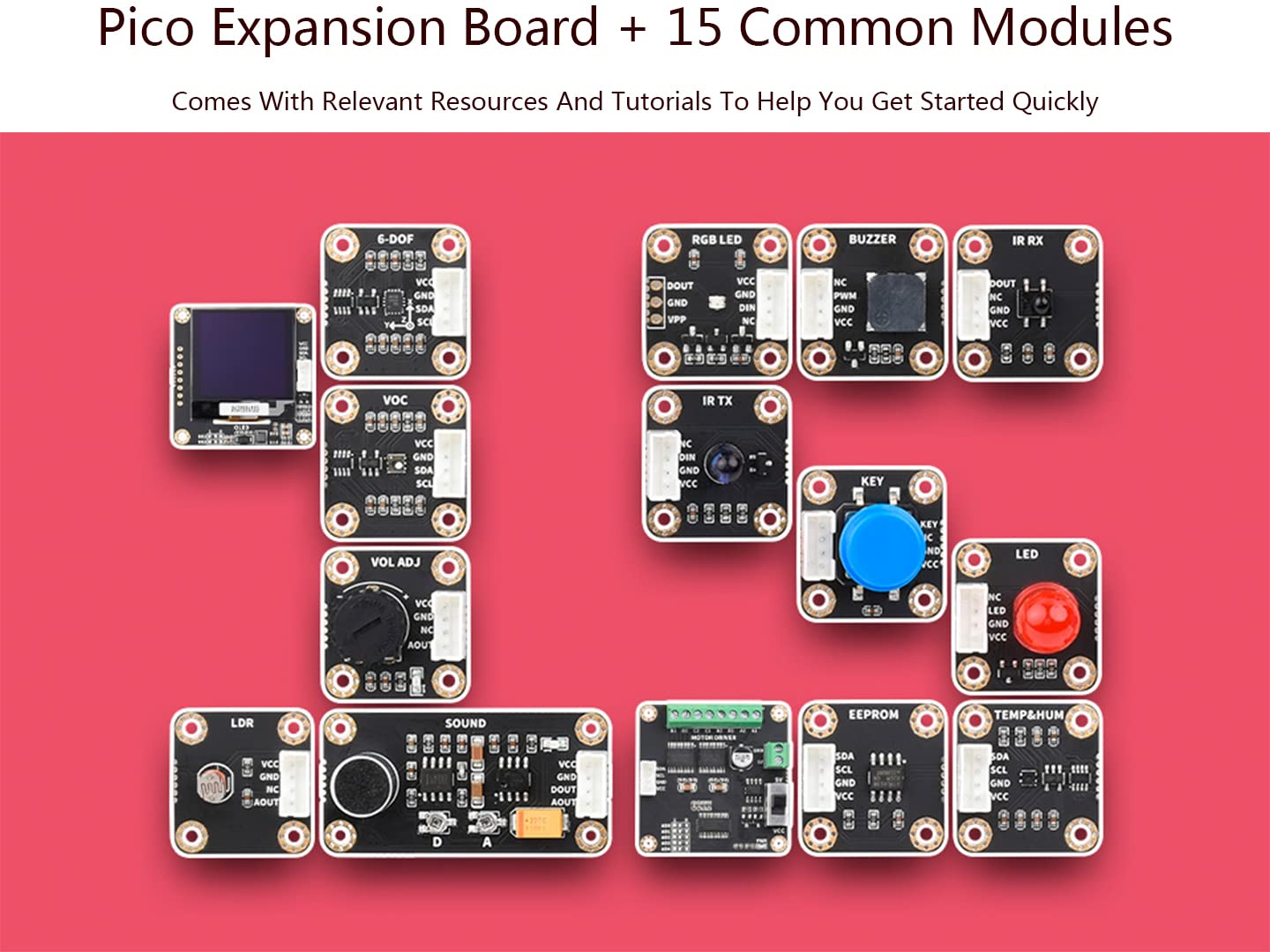 Raspberry Pi Pico W Sensor Kit with Expansion Board and RP2040-Plus Board and RGB LED,Motor Driver,etc,15 Detachable Sensors, All-in-One Design