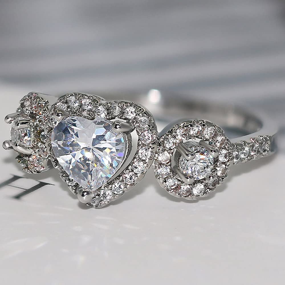 Jude Jewelers White Gold Plated Three Stone Heart Shaped Wedding Engagement Promise Statement Anniversary Ring (Silver, 9)