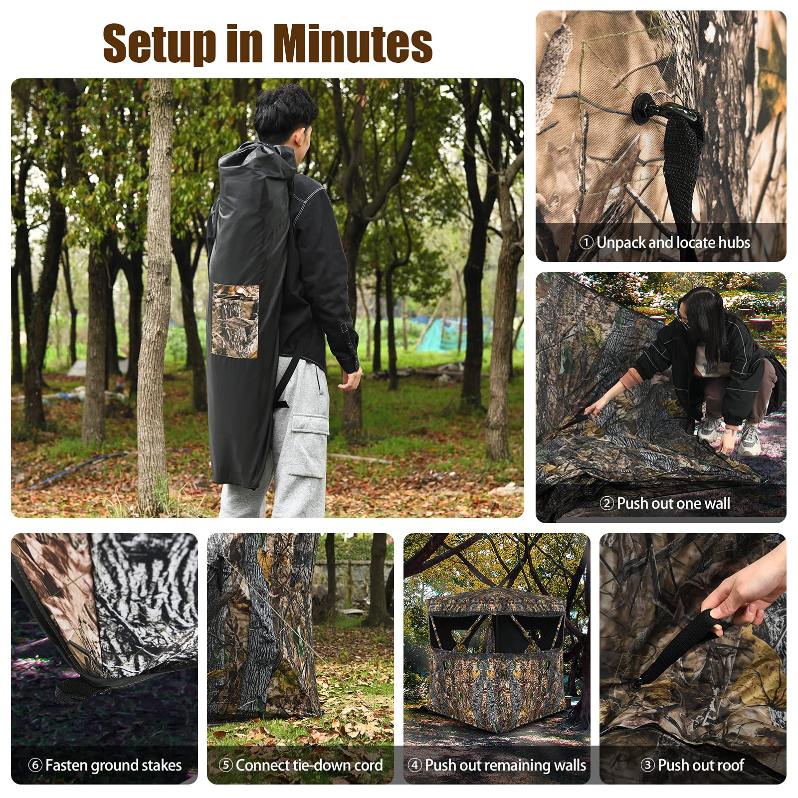 GYMAX Hunting Blind, 3 Person Pop Up See Through Silent Sliding Ground Blind with Hub System, Triangle Zipper Door & Carry Bag, Camouflage Mossy Backwoods Waterproof Deer Hunting Blind Tent
