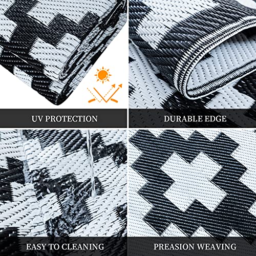 NFECO Reversible Rugs Plastic Rug Outdoor Rug Lightweight Outside Mats with Carrying Bag Modern Outdoor Rug for Patio Portable Mats for RV Backyard Deck Picnic Beach(5x7, Black&White)