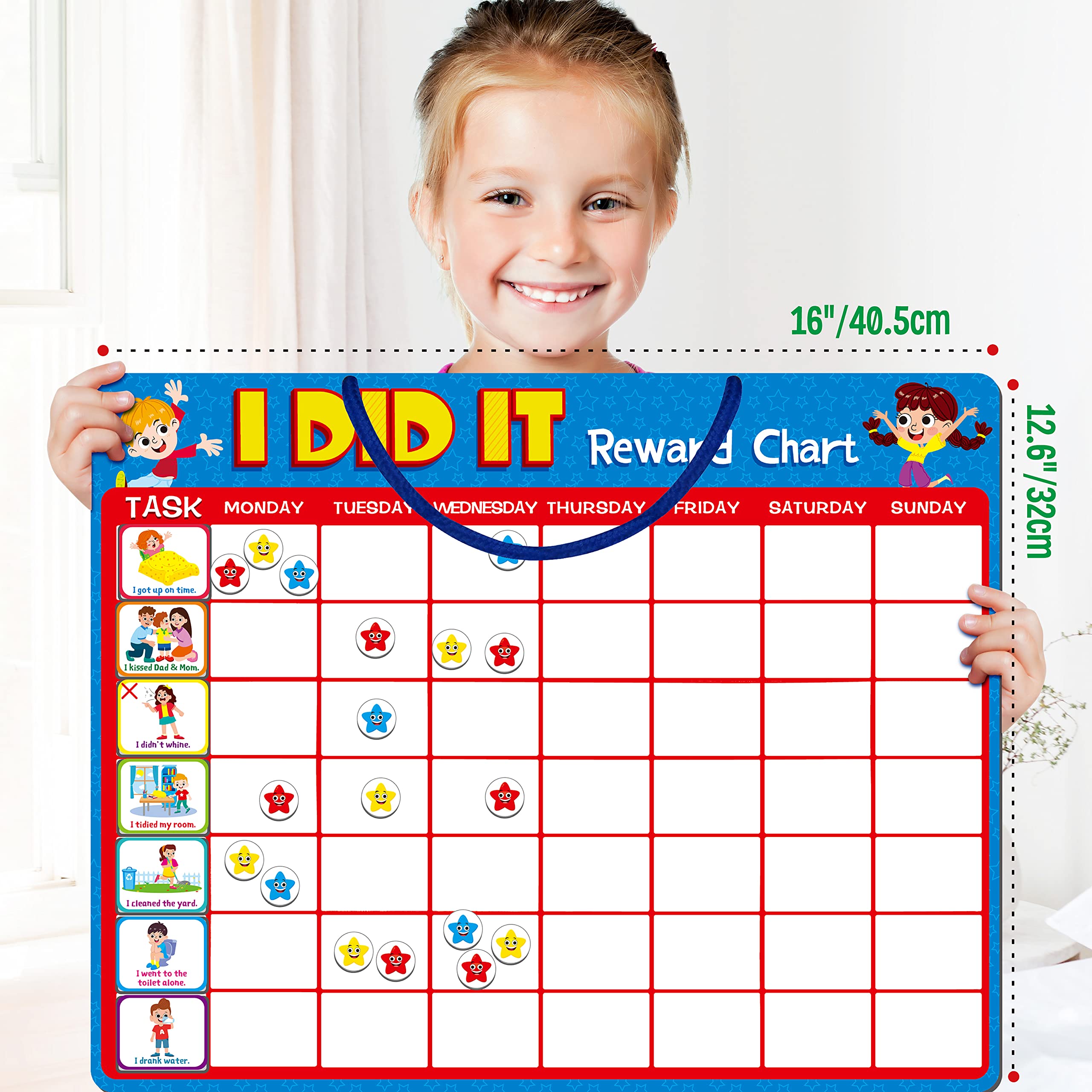Magnetic Reward Chart, Dry Erase Kids Behavior Responsibility Task Board-84 Chores (including 7 Blanks), 272 Magnetic Stars, 8 Markers & 3 Name Cards-Good Behavior Daily Routine to motivate kids