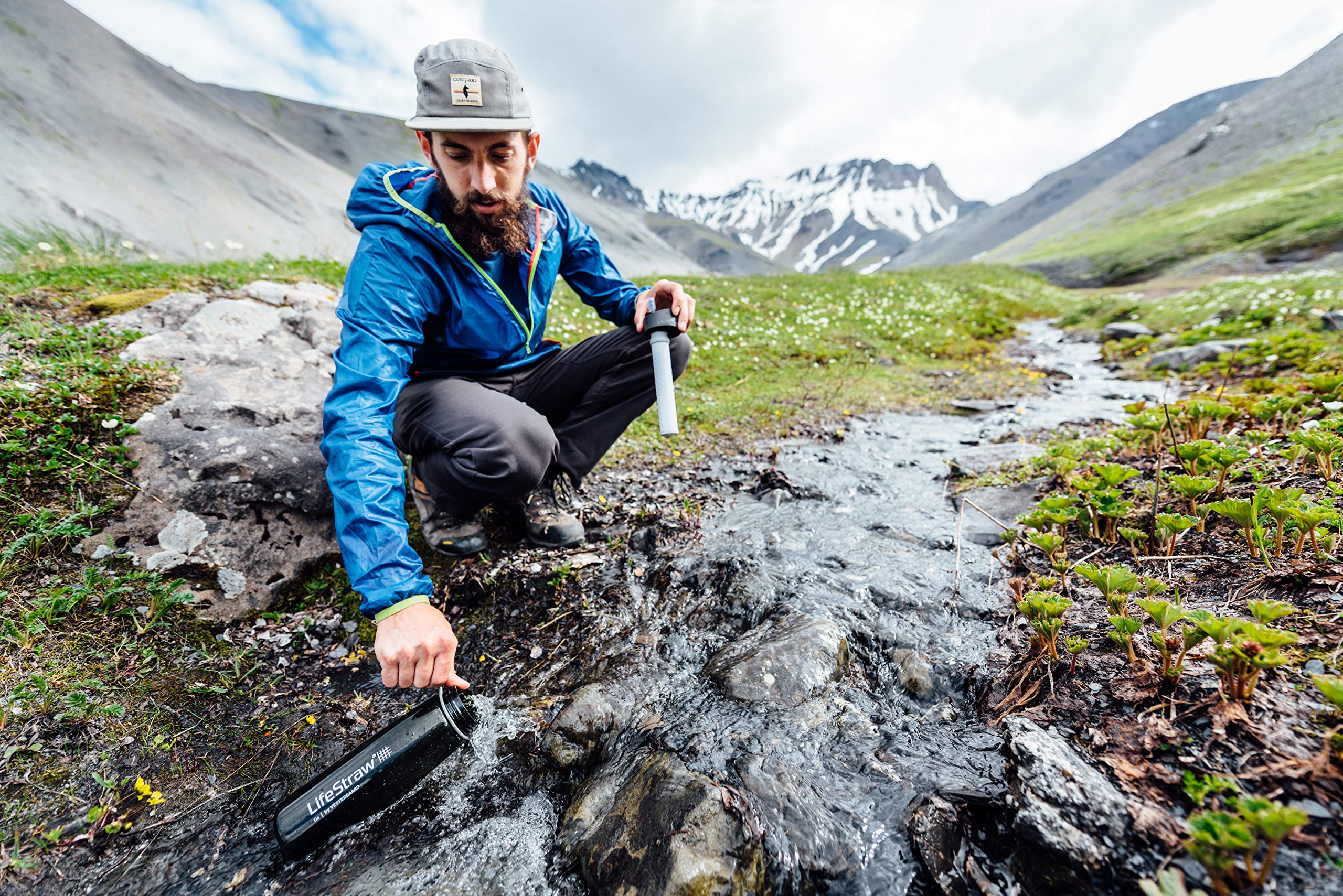 LifeStraw Personal Water Filter for Hiking, Camping, Travel, and Emergency Preparedness, 5 Pack, Blue & Go Water Filter Bottle, Grey, Model:LSGOV2CR44