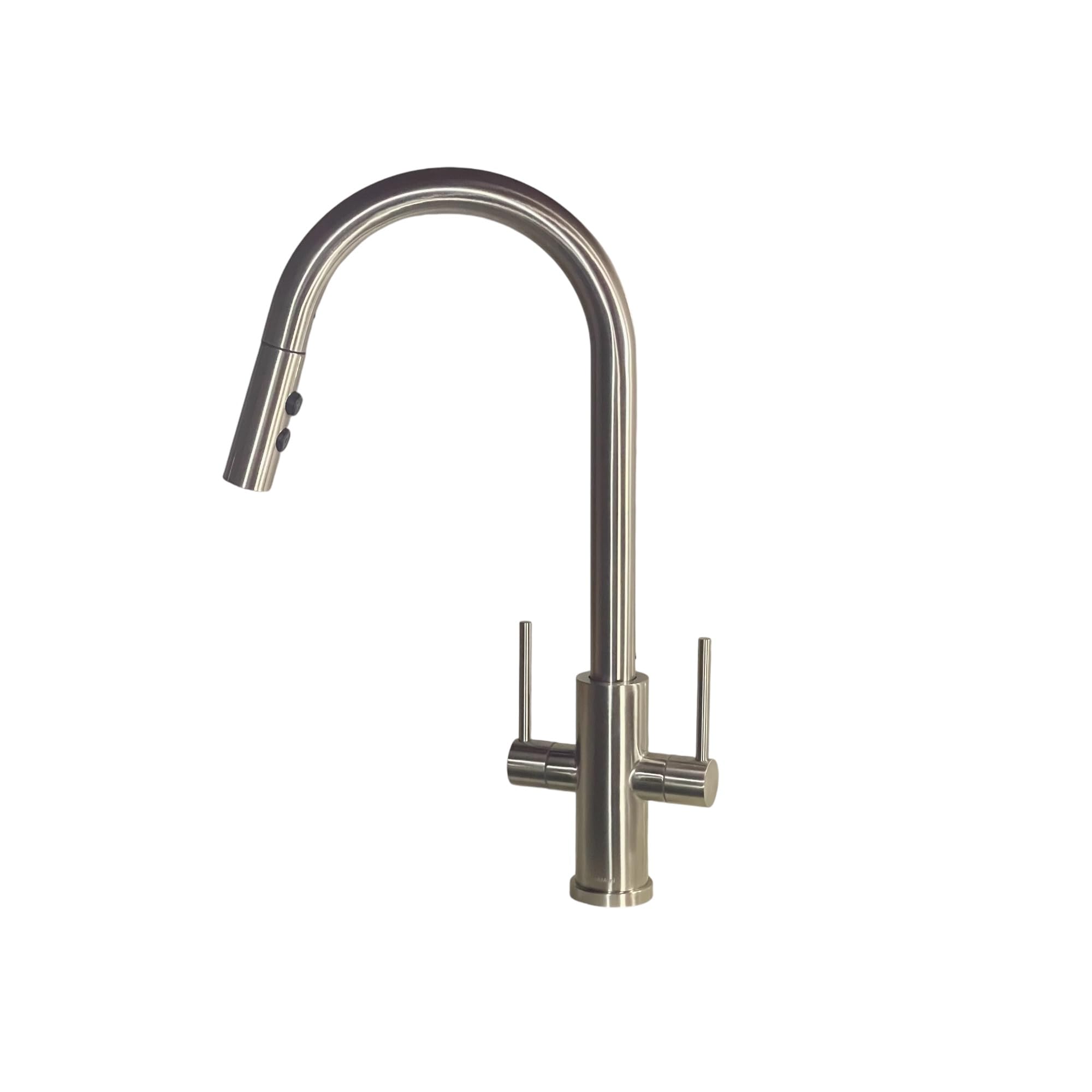 Luna&Muni.Kitchen Faucet Satin Gold Deck Mount Brushed Stainless Steel Pull Down Sprayer Sink Faucet with 2 Handles