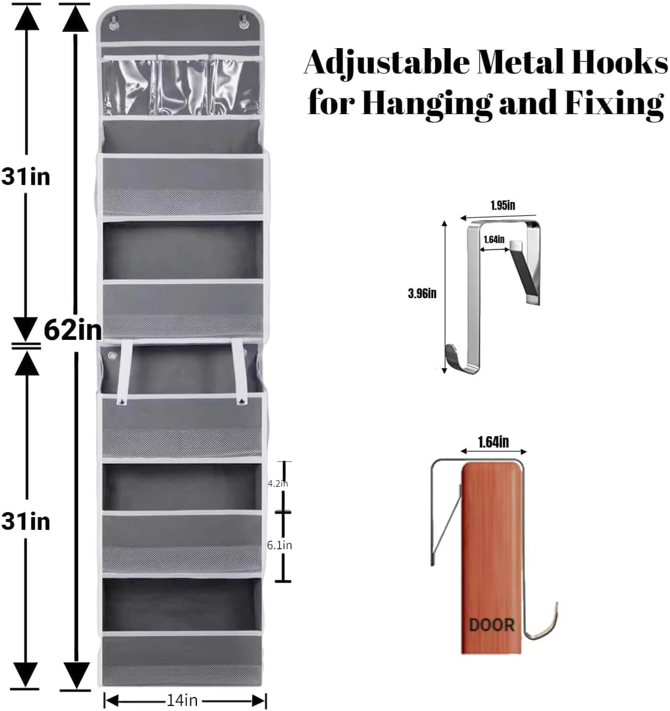 HSD Houseware Baby Organizer for Nursery, Separable 2-in-1 Over the Door Organizer Bathroom with 5 Shelves 4 Side Pockets 3 PVC Pockets, Door Organizer Hanging Bedroom Pantry (Dark Grey)