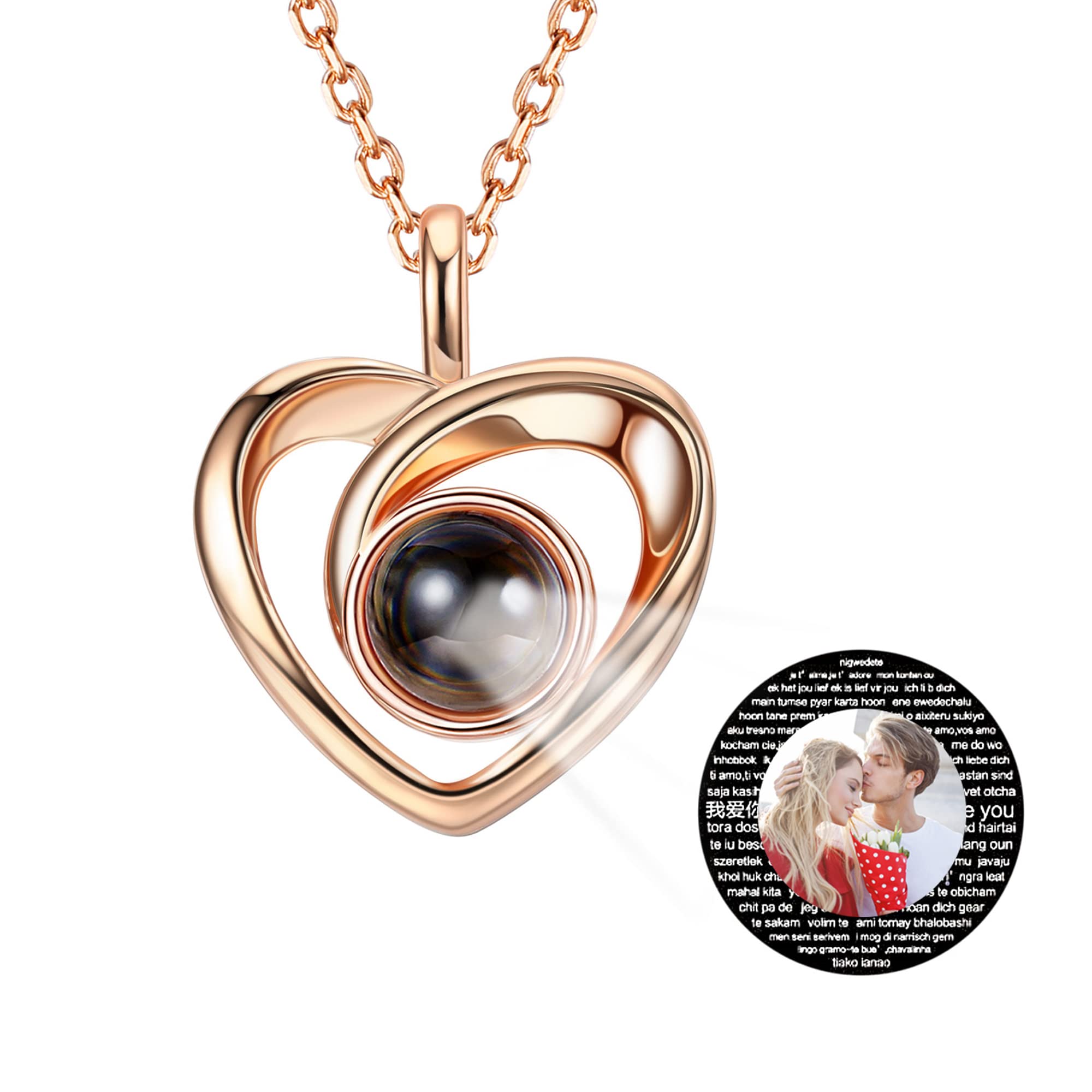 Jewenova 925 Sterling Silver Custom Photo Projective Necklace, I Love You Necklace 100 Languages Photo Necklace, Personalized Gift for Women, Rosegold