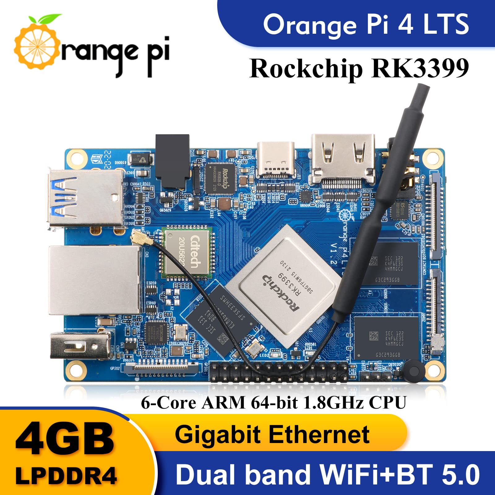 Orange Pi 4 LTS 4GB LPDDR4 Rockchip RK3399 Six Core ARMR 64 Bit with 16GB EMMC Flash, Single Board Computer Run Android, Ubuntu, Debian OS (Pi 4 LTS 4GB +16GB EMMC)