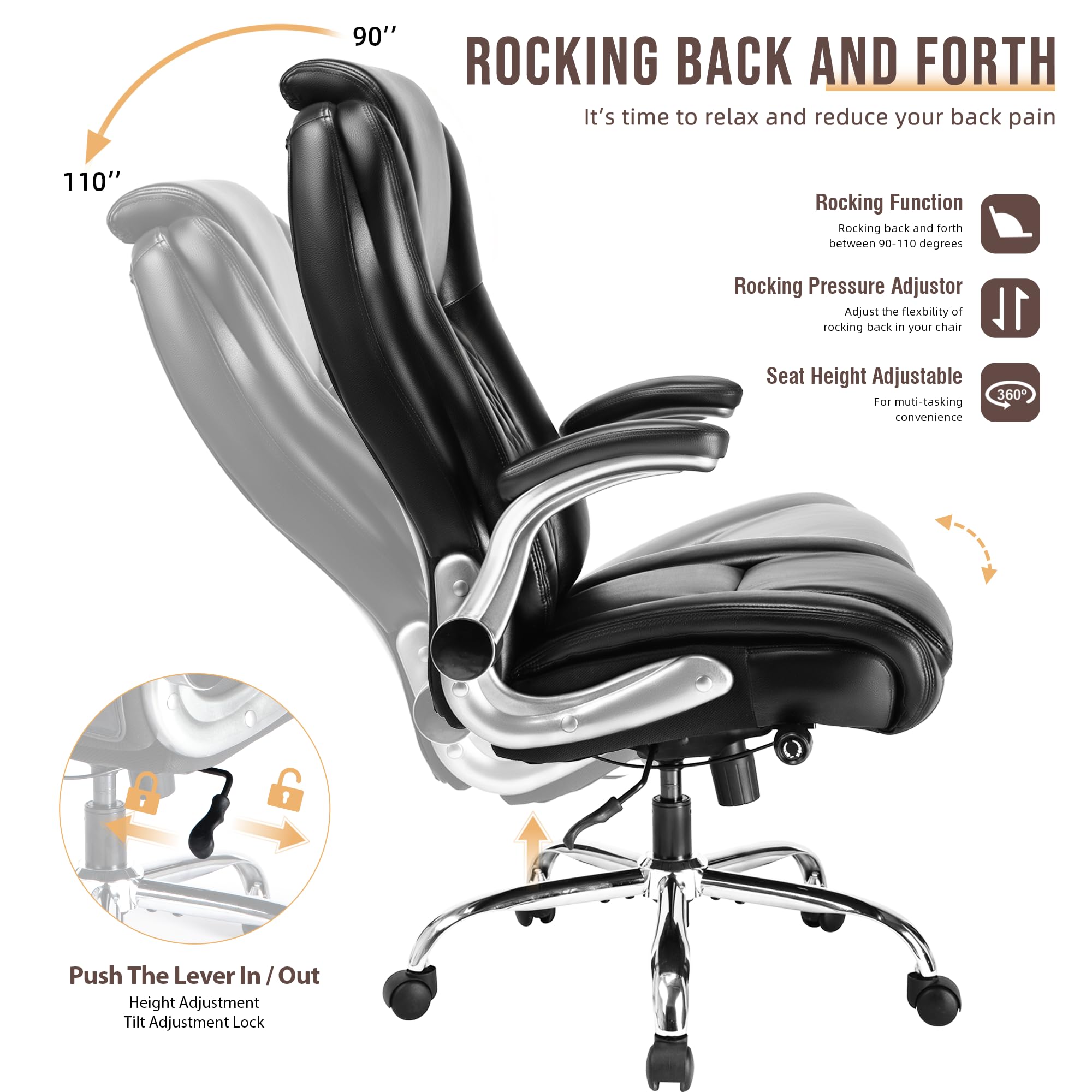 High Back Office Chair with Flip-up Armrests - Lifting Headrest, Built-in Adjustable Lumbar Support, Comfortable Home Office Chair, Executive Office Chair, Ergonomic Design, Sturdy Metal Base