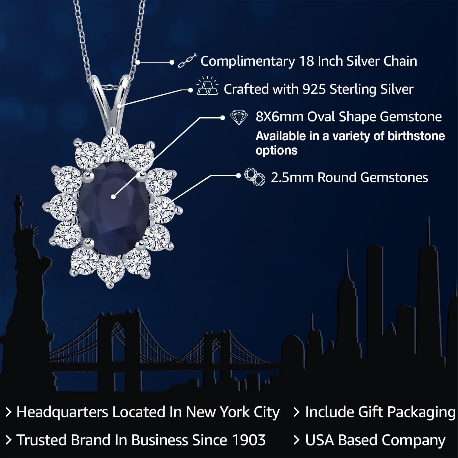 Gem Stone King 925 Sterling Silver Oval Gemstone Birthstone Necklace | Oval 8X6MM | Halo Pendant Necklaces for Women | with 18 Inch Silver Chain