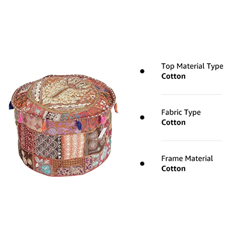 KLAVATE Indian Hippie Vintage Cotton Floor Pillow & Cushion Patchwork Bean Bag Chair Cover Boho Bohemian Hand Embroidered Handmade Pouf Ottoman (Brown, 13" H x 18" Diam.(inch))