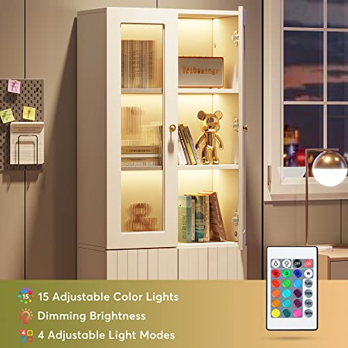 Tribesigns Bookcase with Doors and LED Light, White Bookshelf with 5-Tier Storage Shelves, Freestanding Tall Storage Cabinet for Living Room, Office, Bathroom