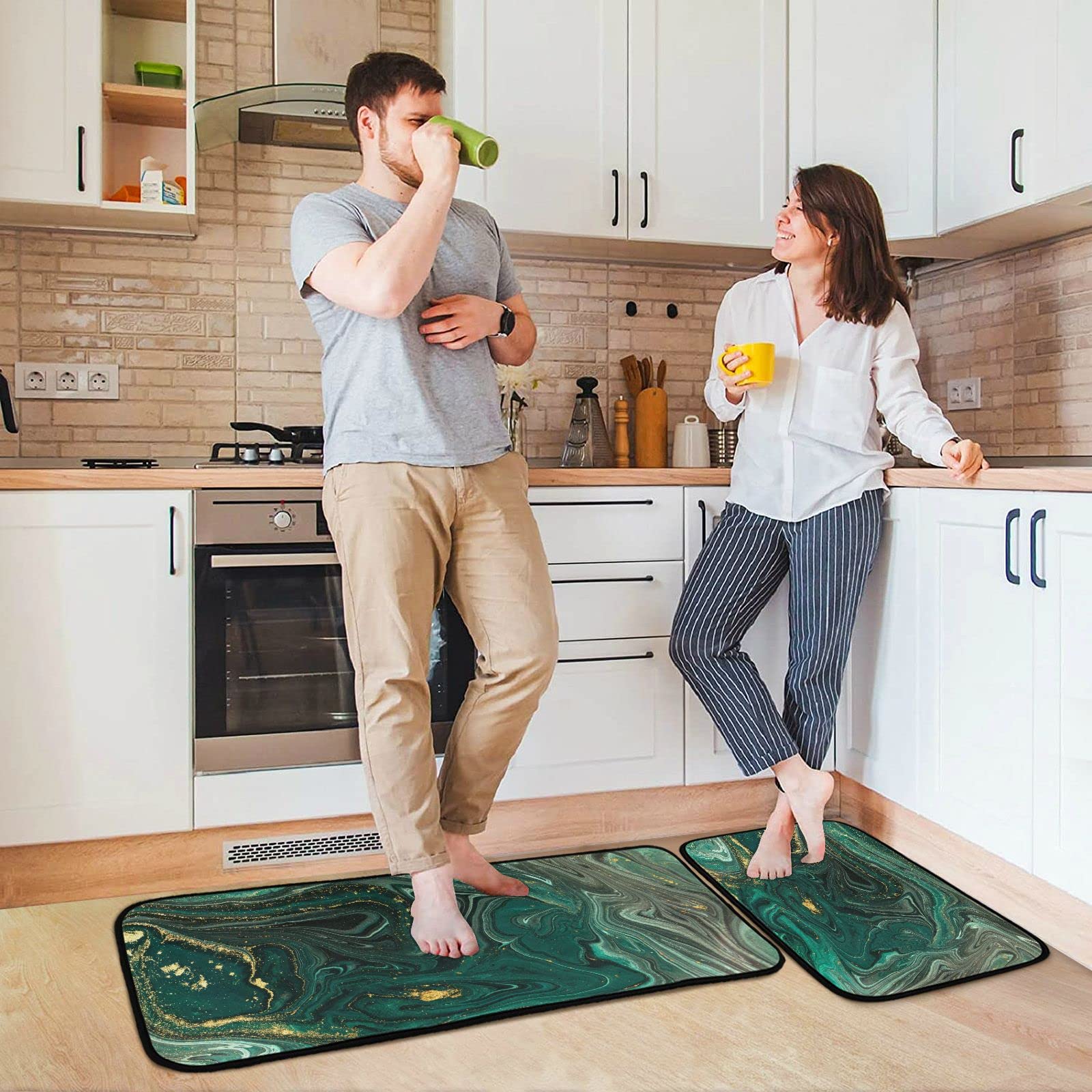 J JOYSAY Green Marble Kitchen Rugs and Mat 2 Pieces Set Cushioned Anti Fatigue Kitchen Mat Non Slip Comfort Standing Rug Washable Farmhouse Decor for Sink Table Fridge Fall