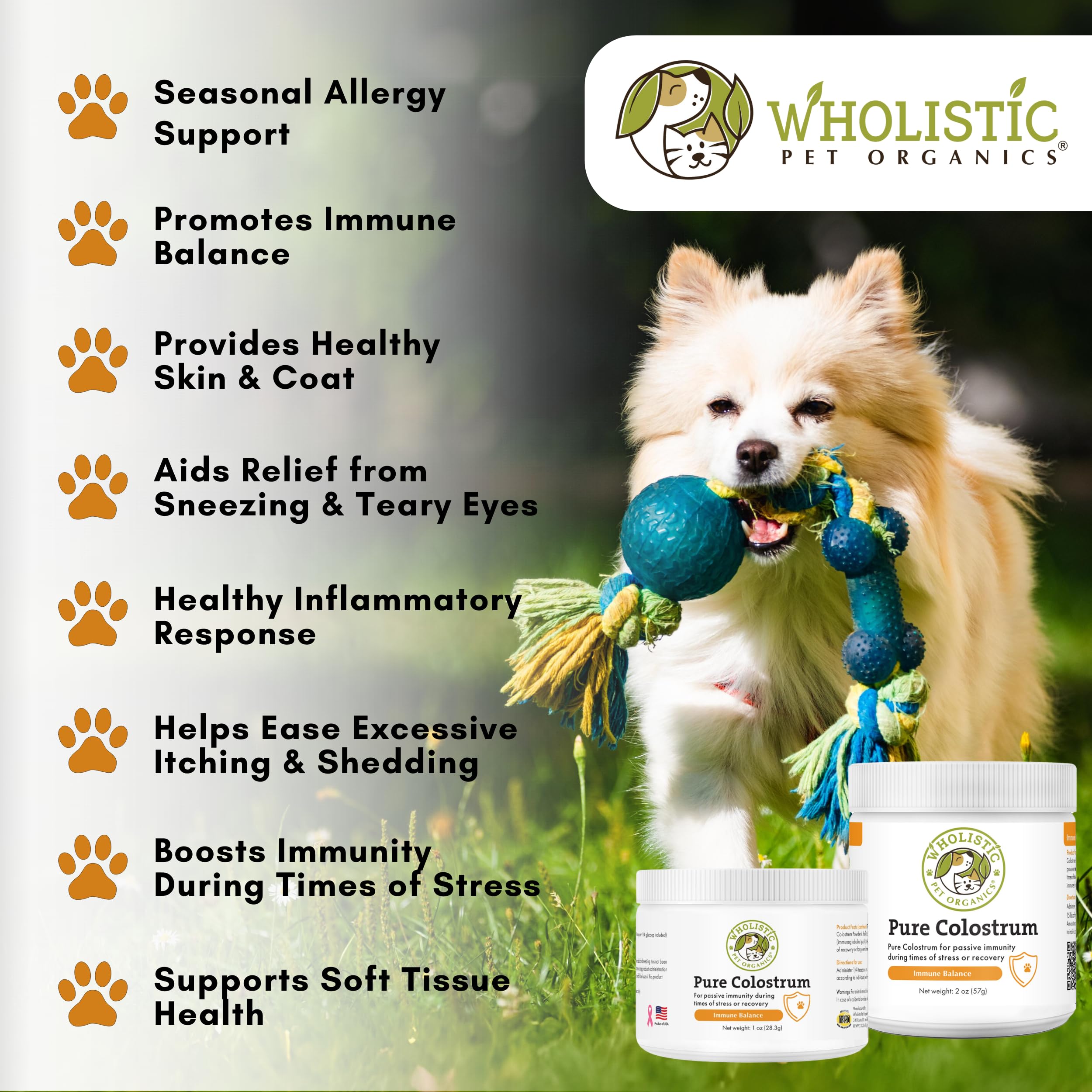 Wholistic Pet Organics Pure Colostrum - 1 Oz - Dog Allergy Relief & Itchy Skin Treatment, Senior Dog Supplements & Immune Support, Licking Paws Relief
