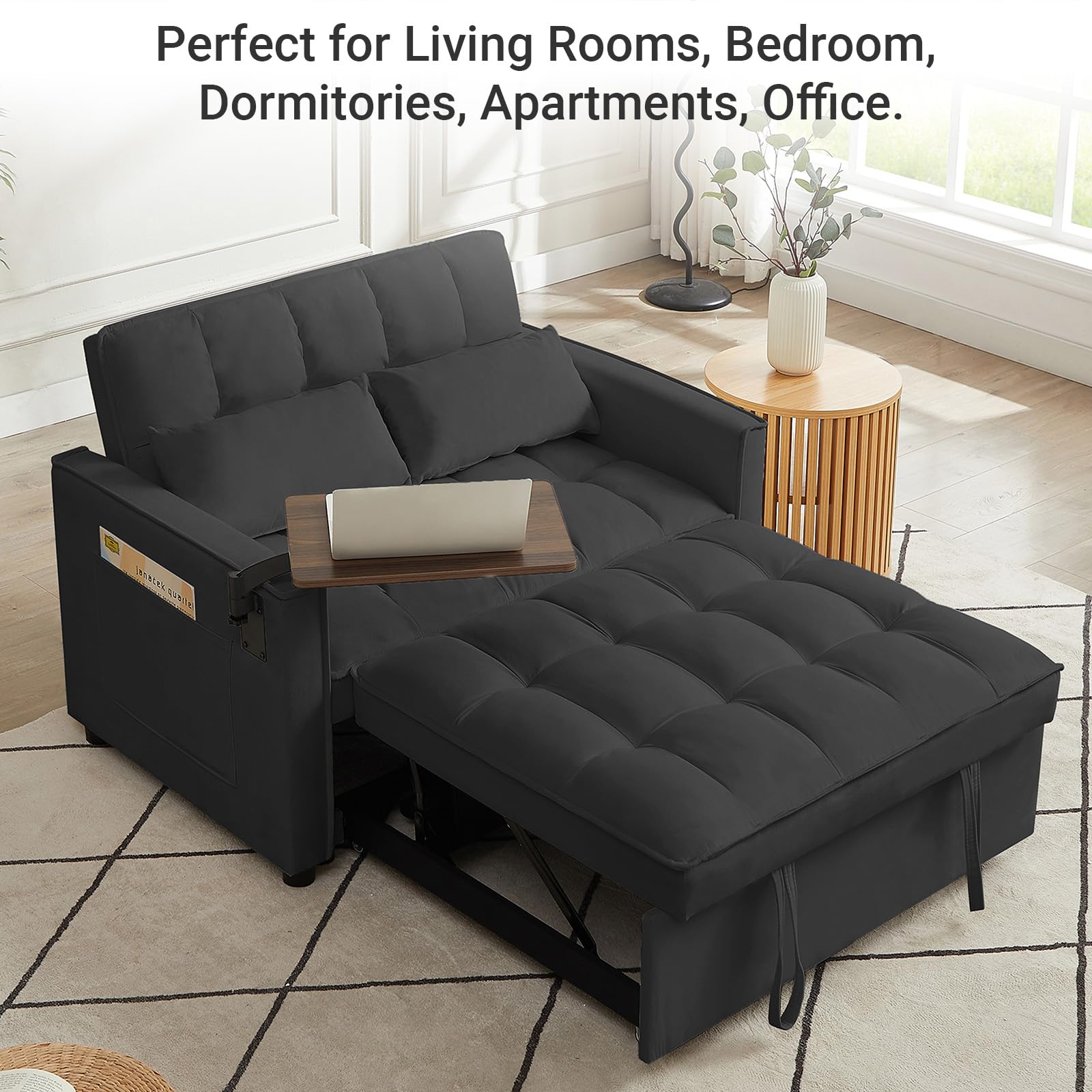Rovibek 3 in 1 Convertible Sleeper Sofa Bed Loveseat Pull Out Couch Bed 55 Inch Velvet Futon Couch Lounge with Side Table, Reclining Backrest, Pillows, Pockets, Furniture for Living Room