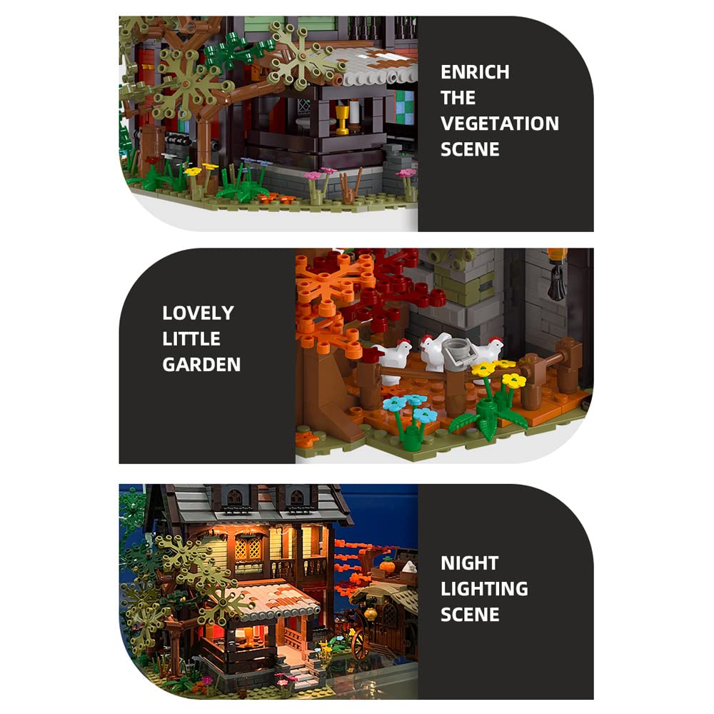 MISINI 89148 Amedieval INN MOC Street View House Building Blocks Set with LED, 2710Pcs DIY Medieval Modular House Model Building Set, Awesome Building Bricks Toys Gift for Adults