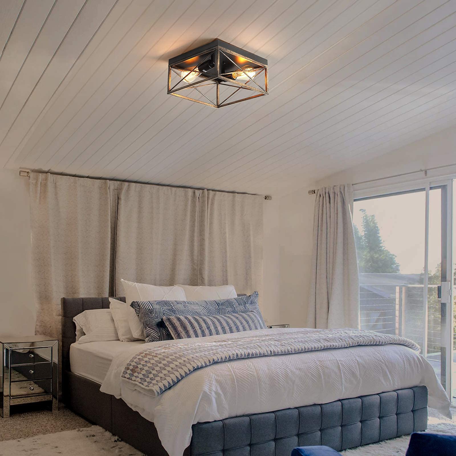 KDG Flush Mount Industrial Ceiling Light ,Adjustable,with Square Metal Cage Shade Ceiling Lighting for Entry Hallway Bedroom Bathroom.2 Lights,Faux Wood Finish