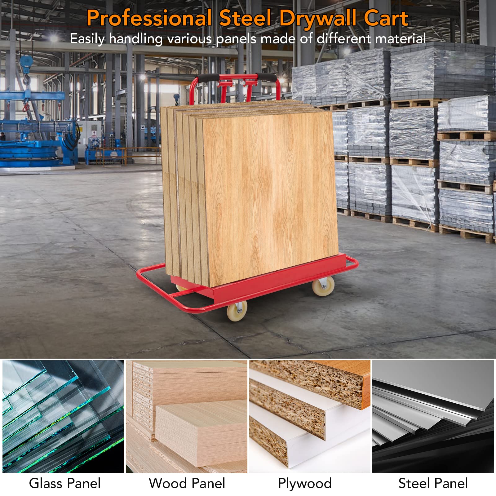 Heavy Duty Drywall Cart, 1600lbs Load Capacity, Protective Sloping Angle and Handrail, 1600lbs Load Capacity, Four Smooth Running Casters for Garage, Home, Warehouse