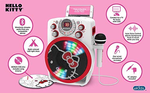 Hello Kitty Bluetooth CDG Karaoke Machine with LED Disco Party Lights, Built in Microphone for Kids, Portable Bluetooth Speaker, AVC, CDG Disks, Compatible with Samsung Apple Tablets MP3 and TV