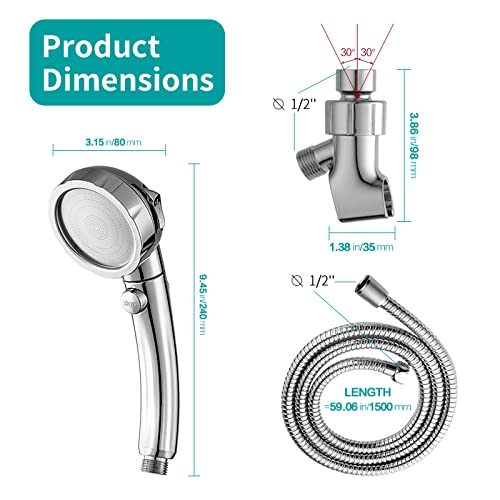 MIAOHUI Modern Handheld Shower Head with On Off Switch, High Pressure Shower Head with Handheld, 3 Spray Settings Removable Shower Head with Hose, Angle Adjustable Shower Bracket, Teflon Tape (Chrome)