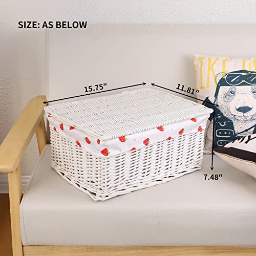KINGWILLOW Rectangular Storage Basket, Wicker Storage Bin with Lid for Clothes Books Sundries (Strawberry Pattern Lining, Large)
