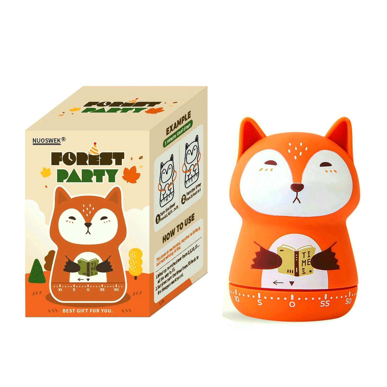 NUOSWEK Mechanical Kitchen Timer, Cute Animal Timer for Kids, Wind Up 60 Minutes Manual Countdown Timer for Classroom, Home, Study and Cooking (Orange Fox)