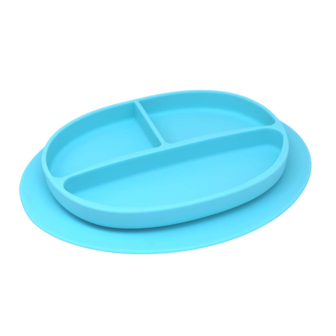 Kcuina Silicone Suction Plate, Baby Toddler Training Divided Plate, Unbreakable, First Stage, Safe Silicone, Non-Toxic, BPA Free, Dish with Bottom Grip (Blue Color)