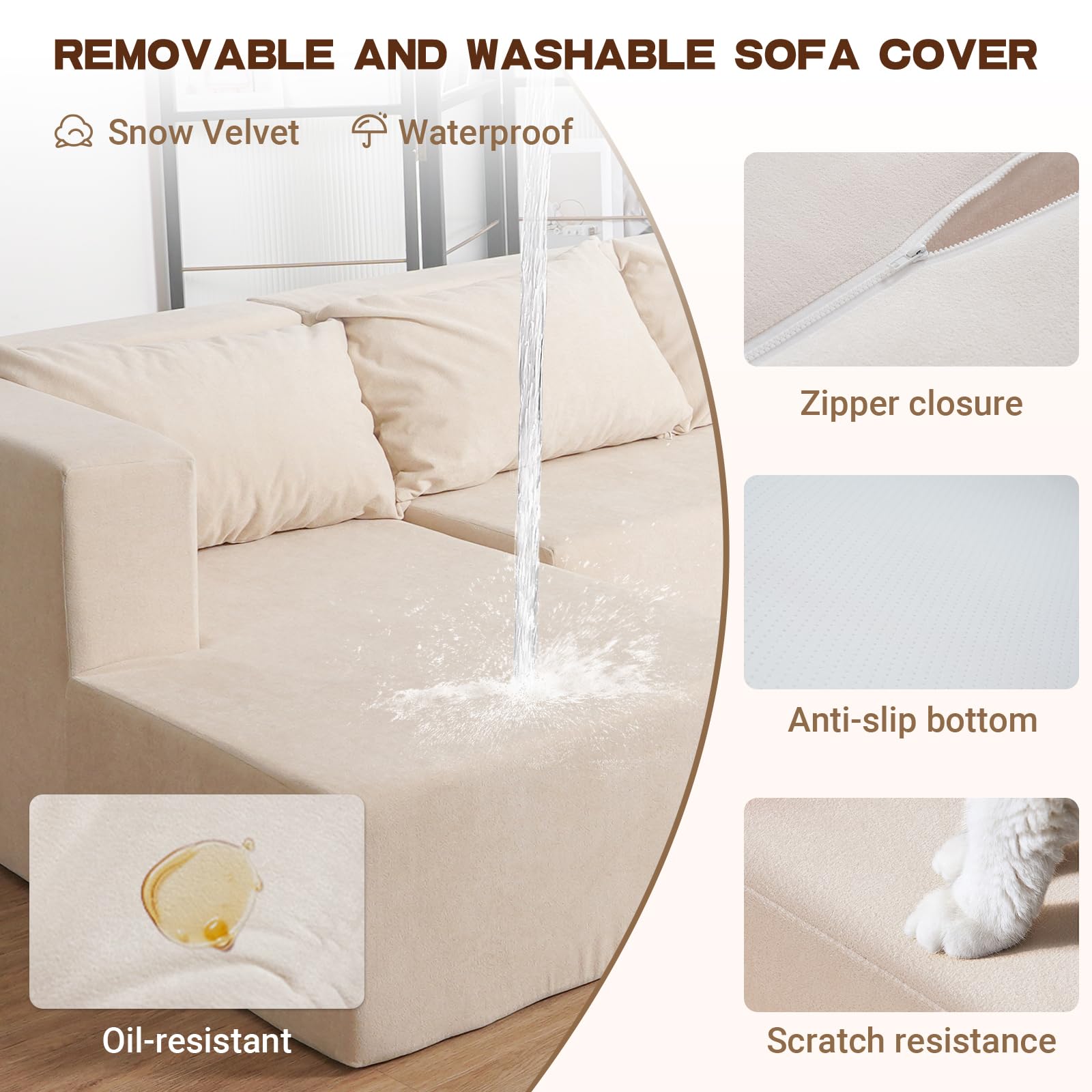 Rovibek Modular Sectional Sofa with Chaise, L-Shape Modern Minimalist Couch with 3 Pillows, Upholstered Sleeper for Living Room, Bedroom, Free Combination, Off White