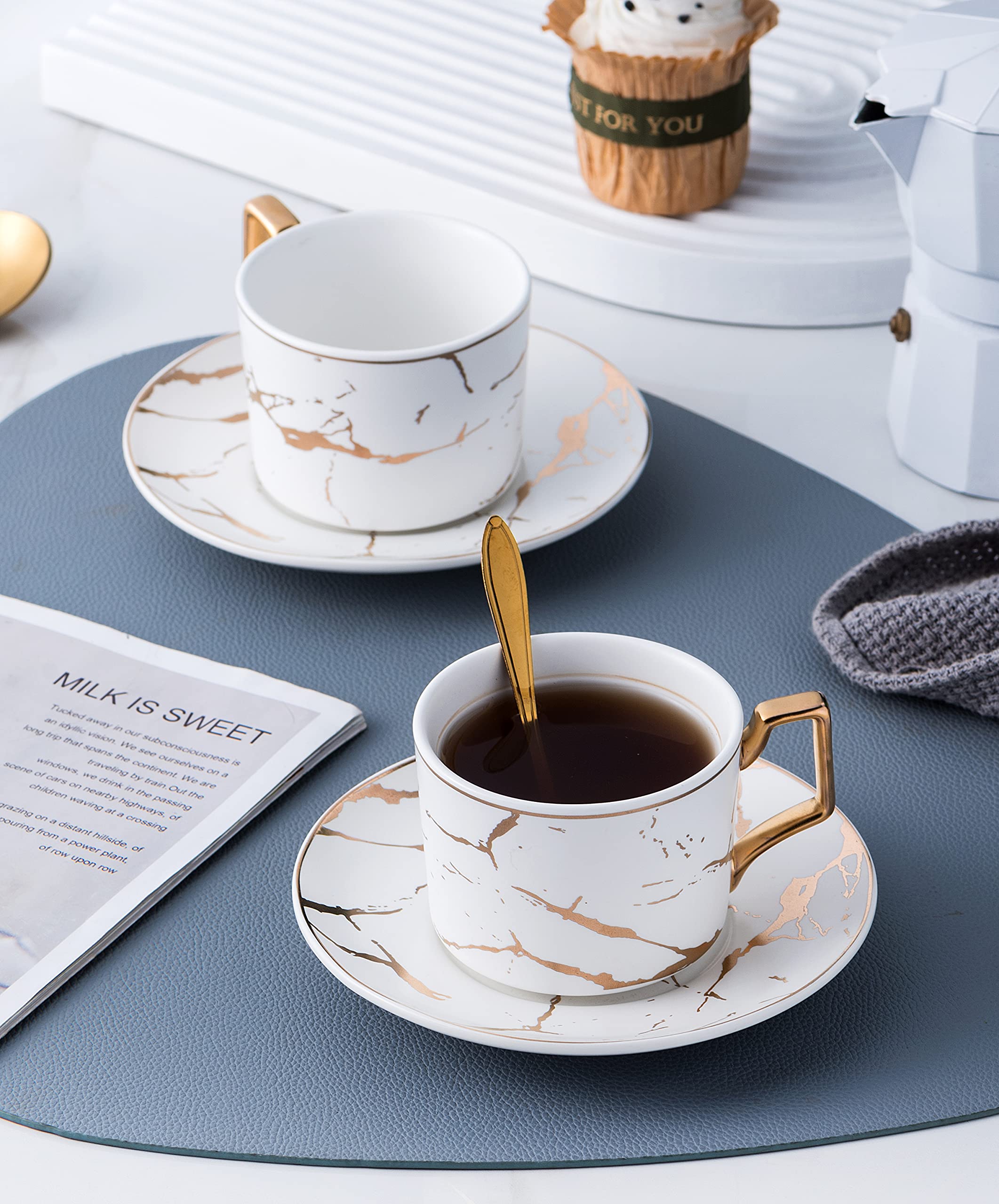 Jusalpha Serve of 4- Hand Printed Golden Matte Ceramic Marble Tea Coffee/Tea Cups with Spoons and Cup Holder, 7OZ -TCS26 (White/Gold, Serve of 4)