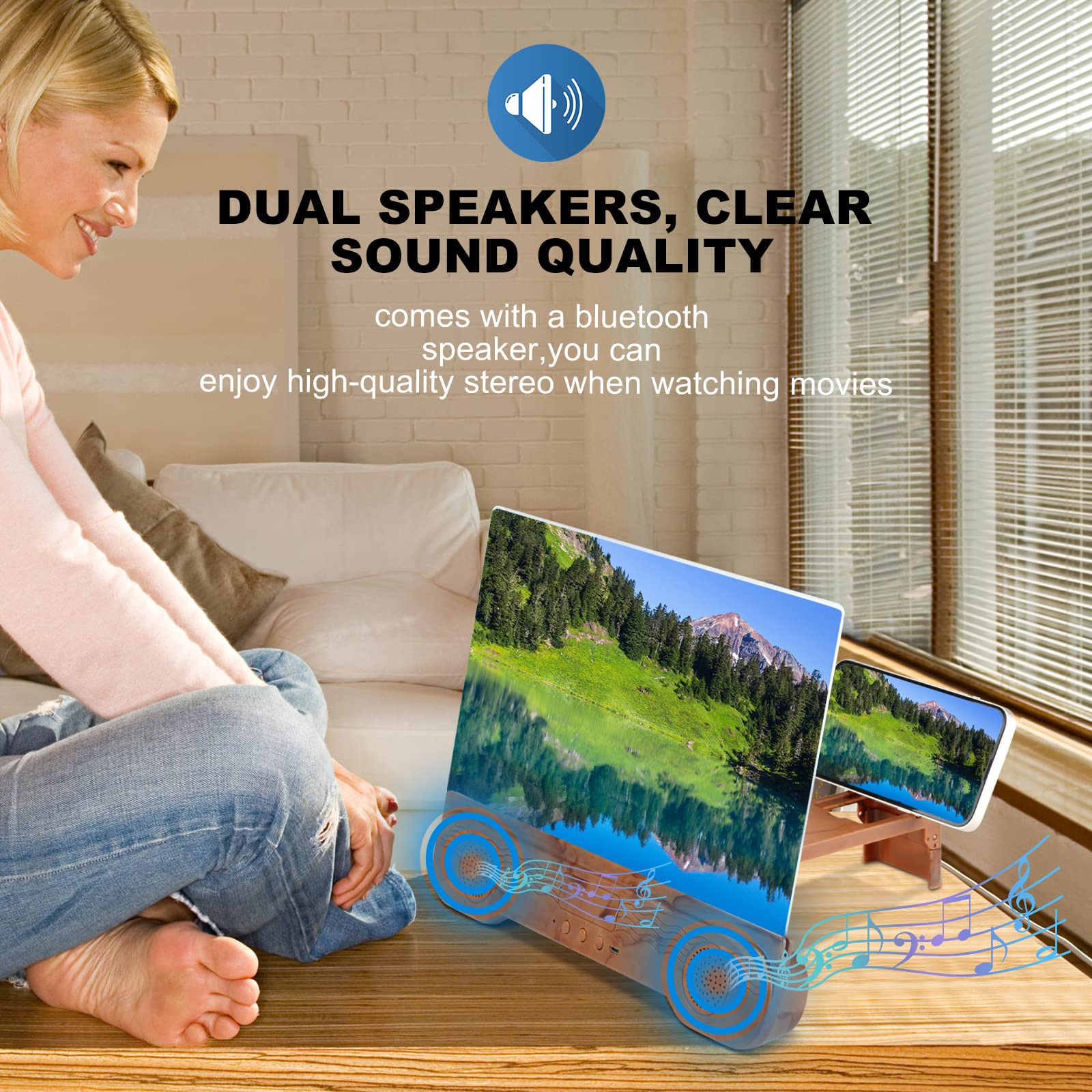 HSRBO 14" Cell Phone Screen Magnifier with Wireless Speaker Foldable Phone Stand with HD Screen Amplifier for Movies,Videos,Reading,Gaming,Compatible with All Smartphones (Wood Color)