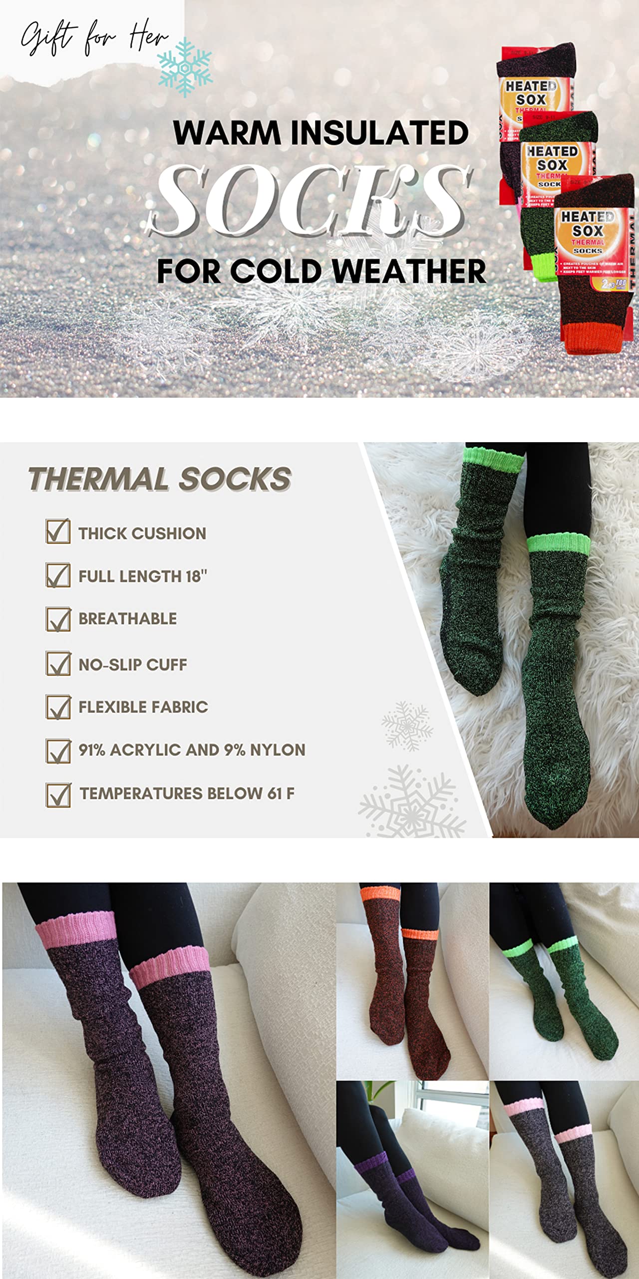 LAVRA Women's Thermal Socks Size 9-11 Warm Winter Heated Sox Insulated Feet Pair of 1-3 Packs