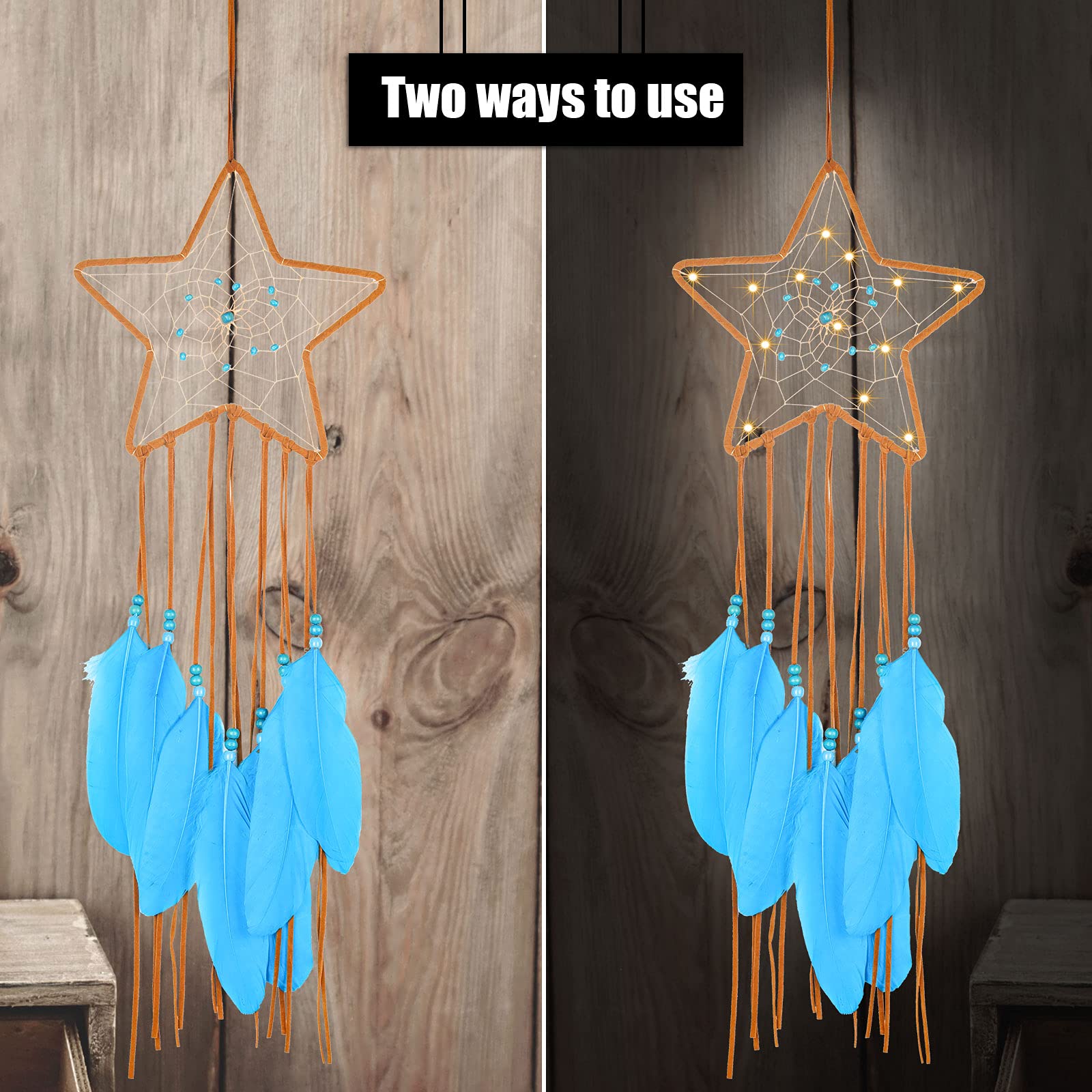 Jetec 3 Pieces Macrame Dream Catcher Moon Sun Star Design Woven Wall Hanging Decor Handmade Traditional Design with 3 LED Light for Wall Hanging Home Decoration (Blue)