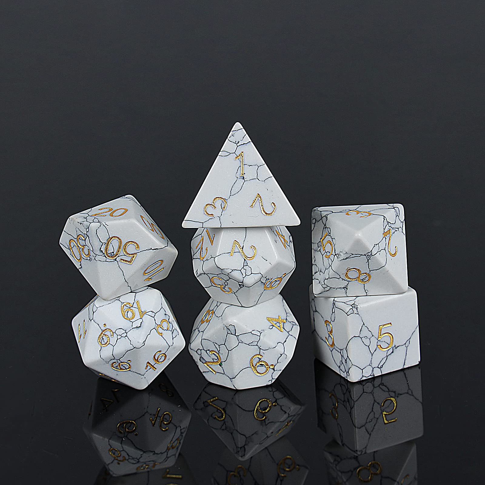 Natural Gemstone Dice Set DND, Full Set 7 Piece Glass D&D Dice with Portable Cloth Bag and Tablecloth for Dungeons and Dragons D&D(White Howlite Turquoise)