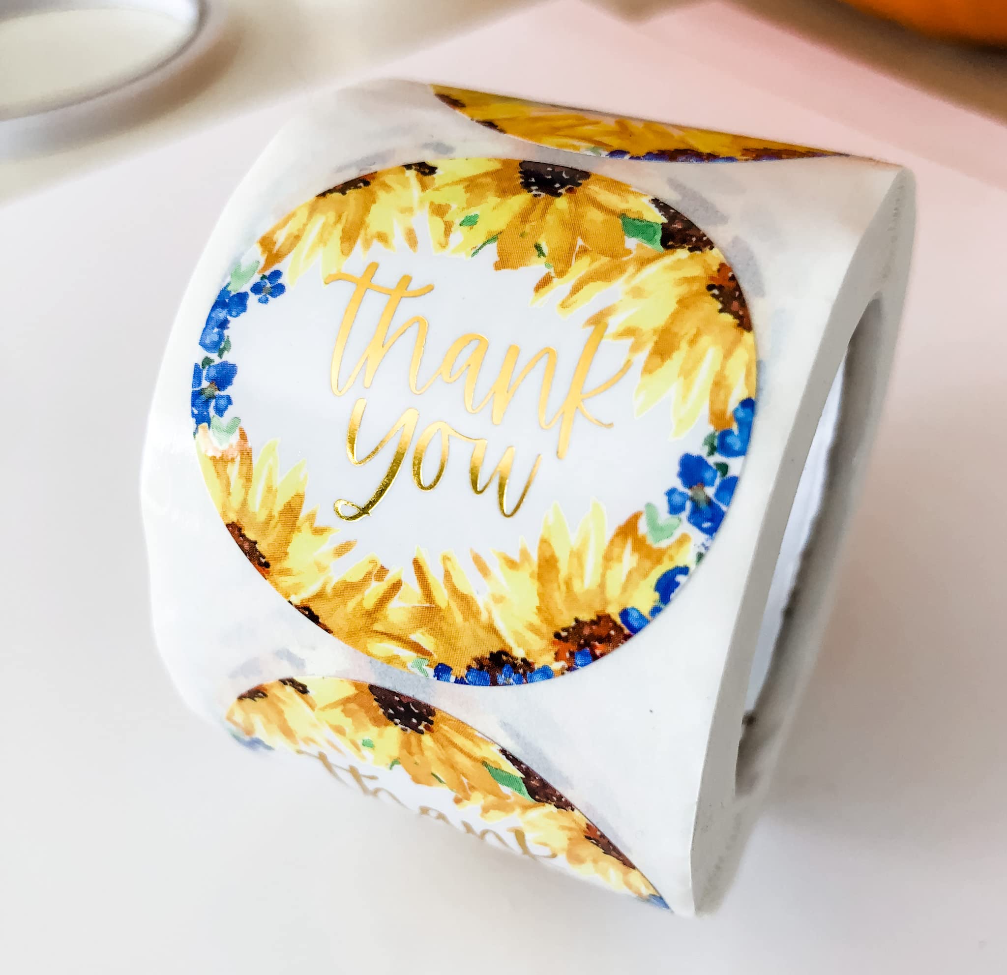 Mailed It 1.5 Inch Sunflower Gold Thank You© Stickers - 250 Per Roll - Pretty Packaging Supplies