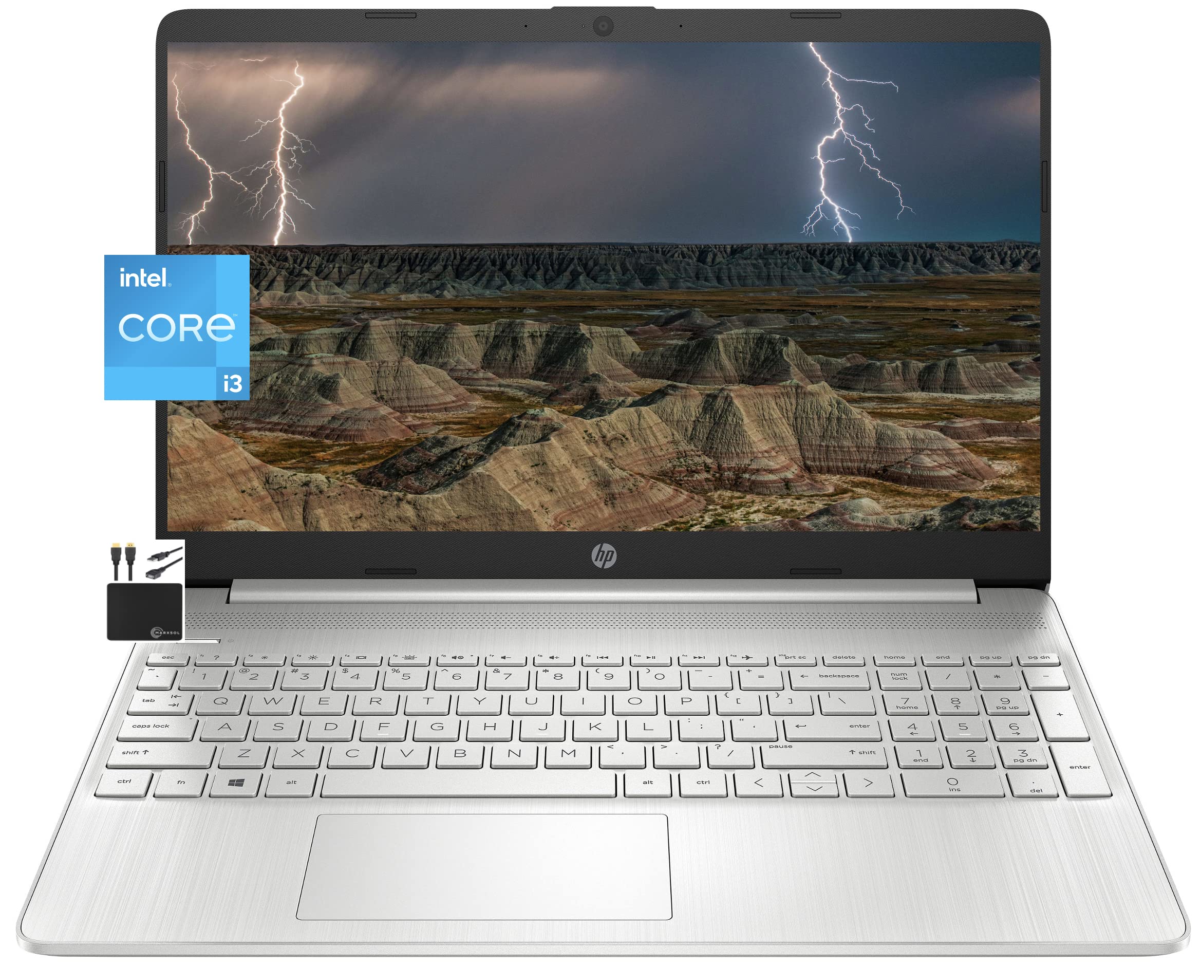 HP 2022 Laptop Computer, 15.6'' HD Display, Dual Core Intel i3-1115G4 (Upto 4.1GHz, Beats i5-1030G7), 8GB RAM, 512GB SSD, Webcam, WiFi 6, 11+ Hour Battery, Win 11 +MarxsolCables, Natural Silver