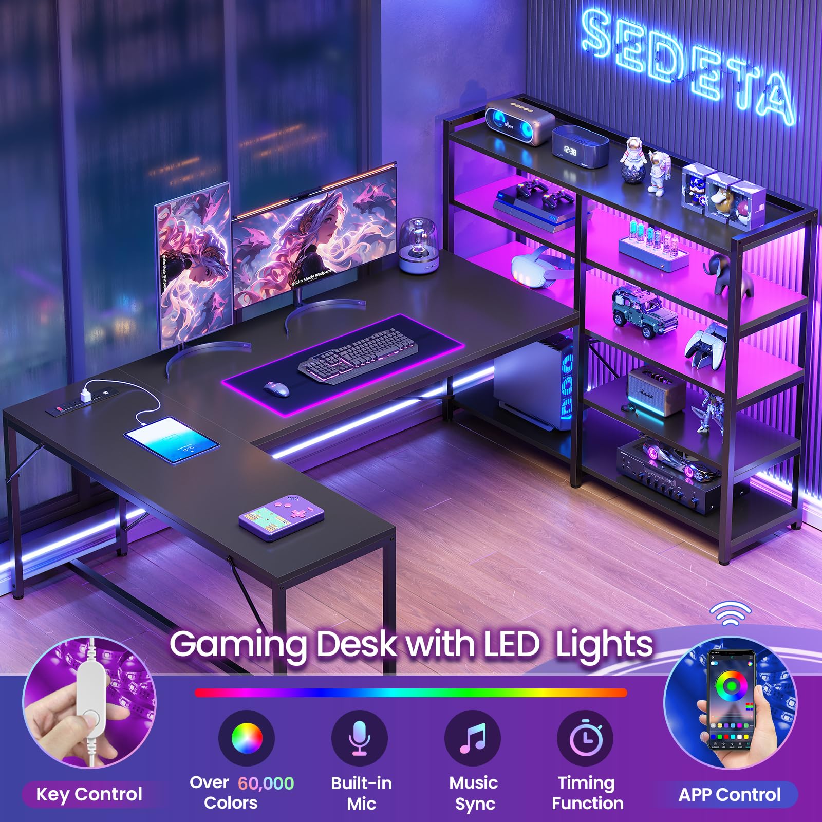 SEDETA L Shaped Desk with Storage Shelves, 62.6" U Shaped Computer Desk, L Shaped Gaming with LED Lights and Hook for Home Office, Rustic Brown