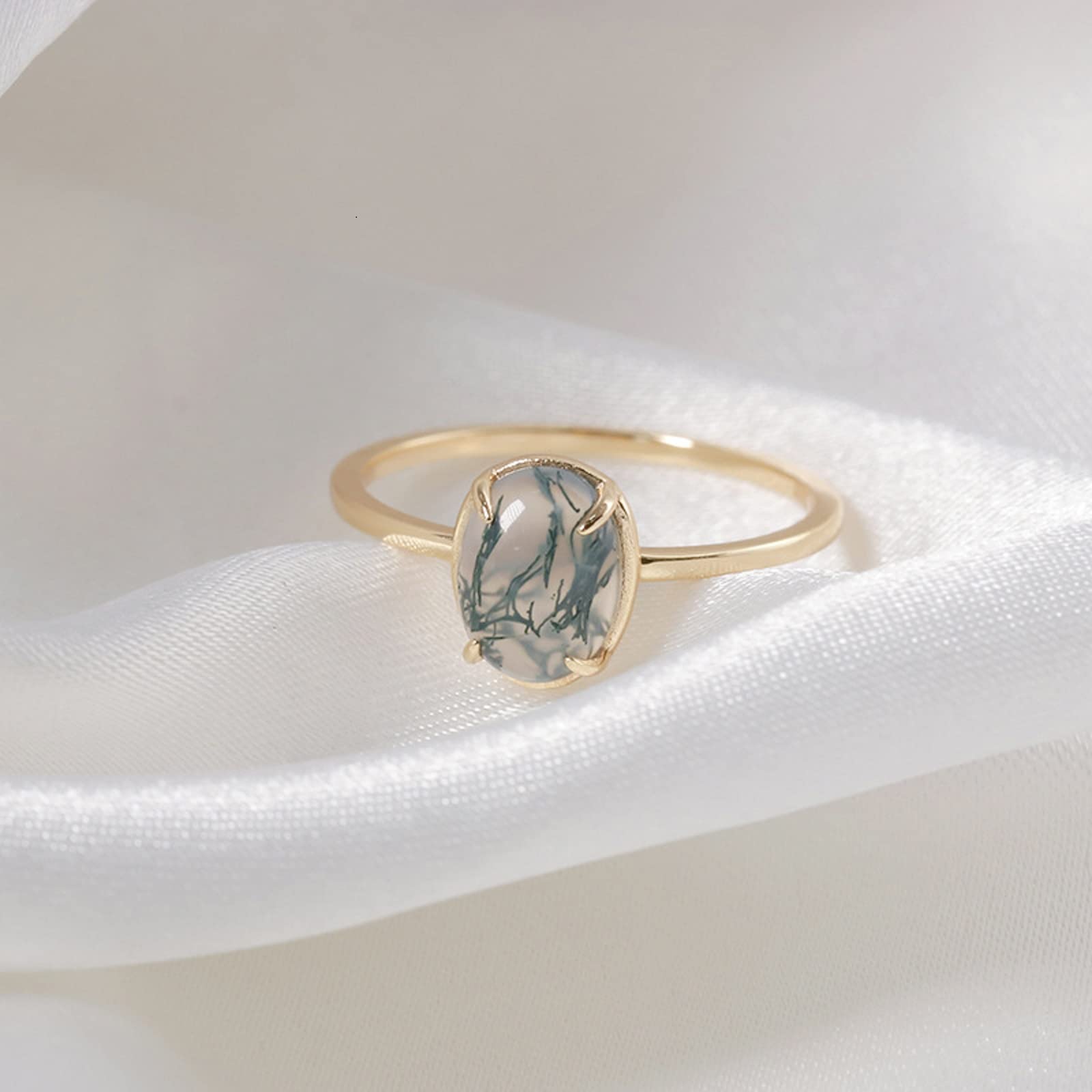 Natural Moss Agate Gemstone Genuine 925 Sterling Silver Ring for Women Oval Cut Women's Ring for Engagement Silver 925 Jewelry Personality Ring for Women (8)