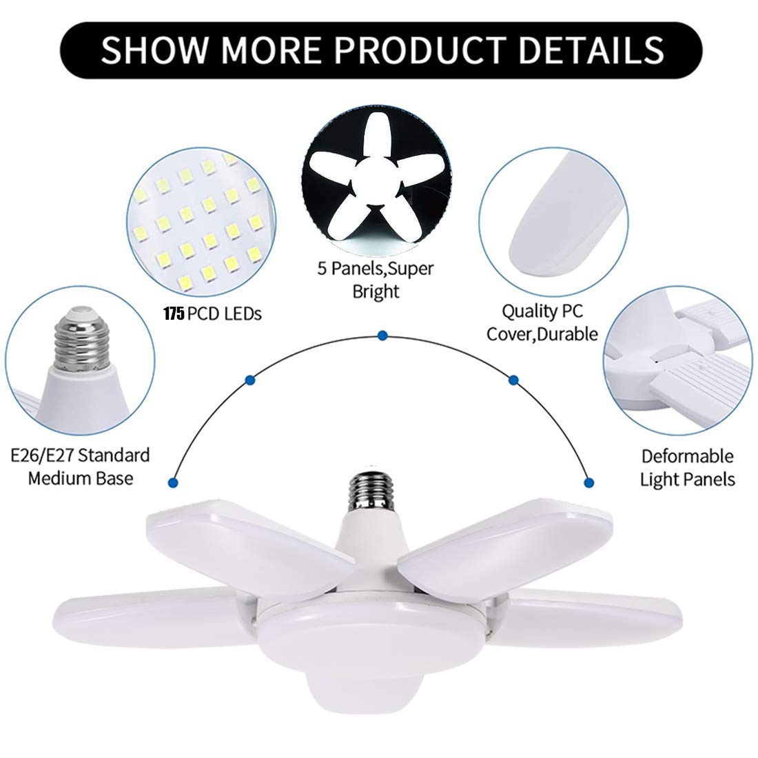 HZMENG LED Garage Lights 4 Pack, 80W LED Basement Lights LED Shop Light Fixture, LED Light Bulbs Garage Ceiling Lighting with 5 Deformable Panels for Garage Basement Workshop Warehouse