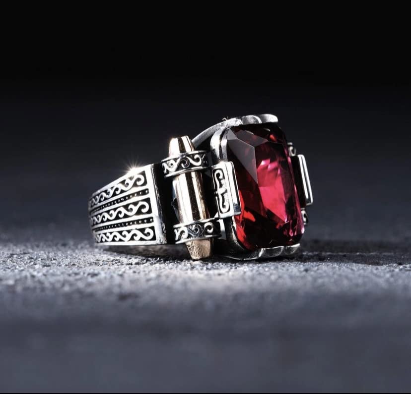 Men Silver Ruby Stone Ring, Square Stone Man Ring, Turkish Silver Handmade Ring, Zircon Stone Ring, 925k Sterling Silver Ring