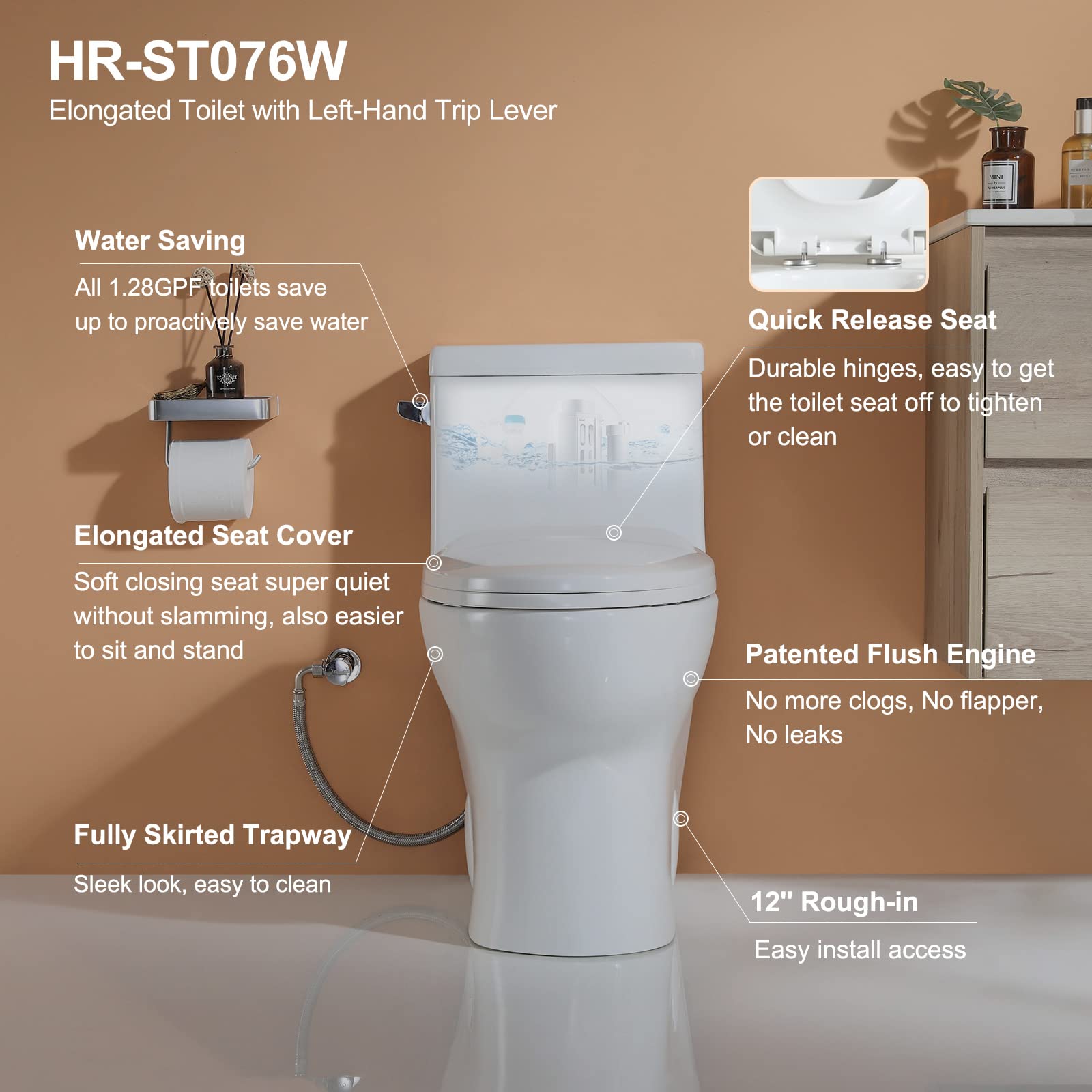 HOROW HR-ST076W Elongated Toilet with Left-Hand Trip Lever, One Piece Toilet for Bathroom, Soft Closing Seat Include, Single Side Flush High Efficiency 1.28 GPF, 12'' Rough-In, White Toilet Bowl