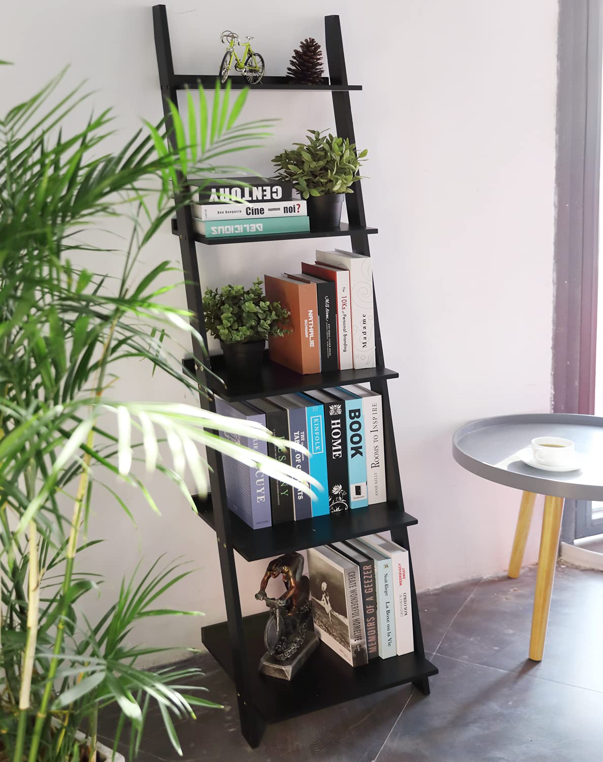 HYNAWIN Ladder Shelf 5 Tier Bookcase, Multipurpose Plant Flower Stand Bookshelf Storage Rack Shelves, Wood Look Accent Bamboo Frame Modern Furniture Home Office (Black)