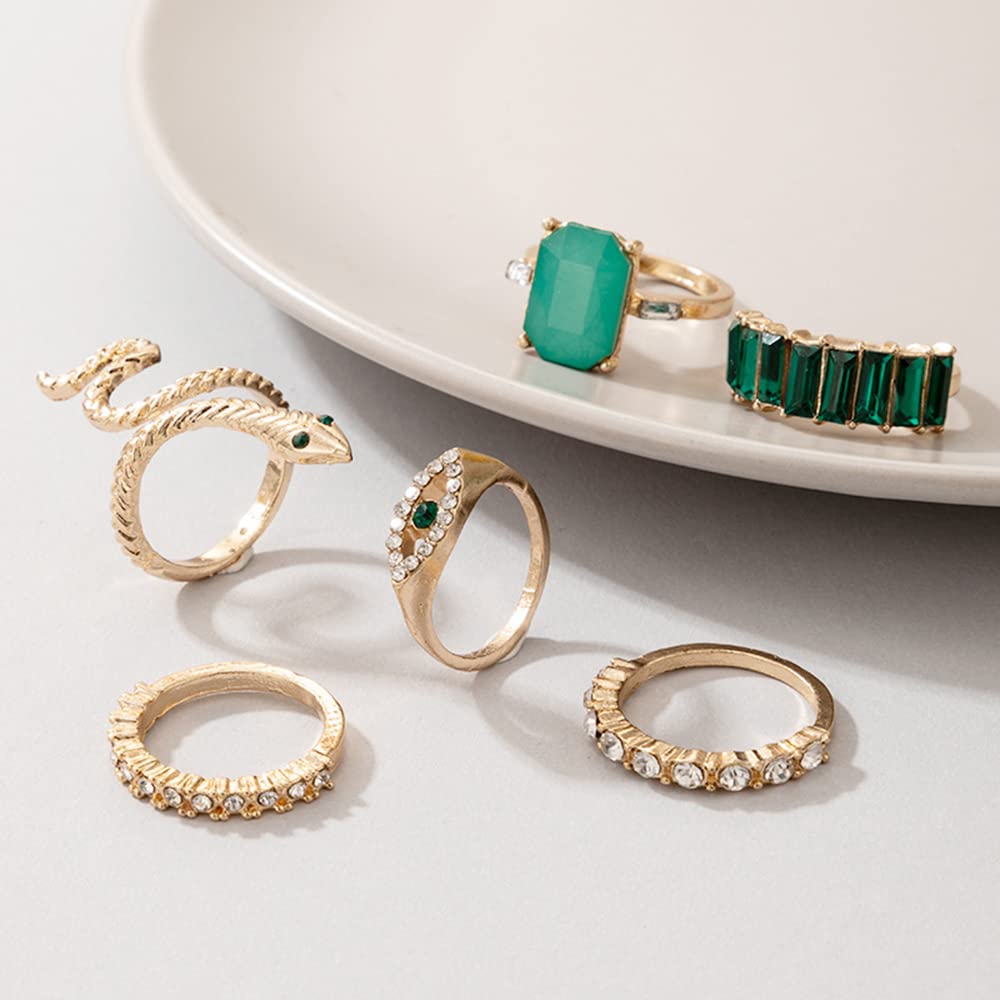 Jumwrit Bohemian Knuckle Finger Rings for Women Gold Snake Evil Eye Rhinestone Rings Green Emerald Stackable Rings for Teens Girls (6 PCS)