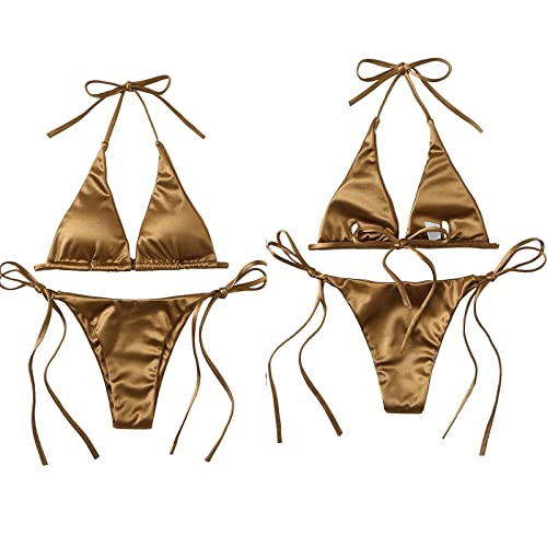 Glod Women's Metallic Halter Top Two Piece Swimsuit Tie Padded Side Bottom Triangle Sexy Bikini Bathing Suit Thong Swimsuits with String(Glod-Medium)