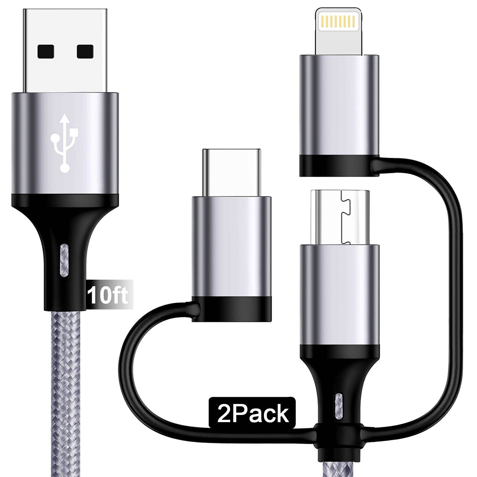 Multi Charging Cable [10ft 2Pack] 3 in 1 USB Charger Cable Nylon Braided Fast Charging Cords Chargers for Multiple Devices with Lightning/Type C/Micro USB/iPhone/iPads/Samsung Galaxy/Ps/Tablets &More