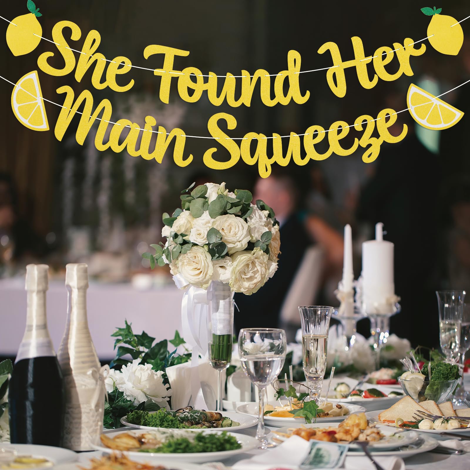 She Found Her Main Squeeze Banner - Spritz OโClock Banner, Lemon Citrus Lemonade Theme Bridal Shower Bride to Be Wedding Engagement Bachelorette Party Supplies Gold Glitter